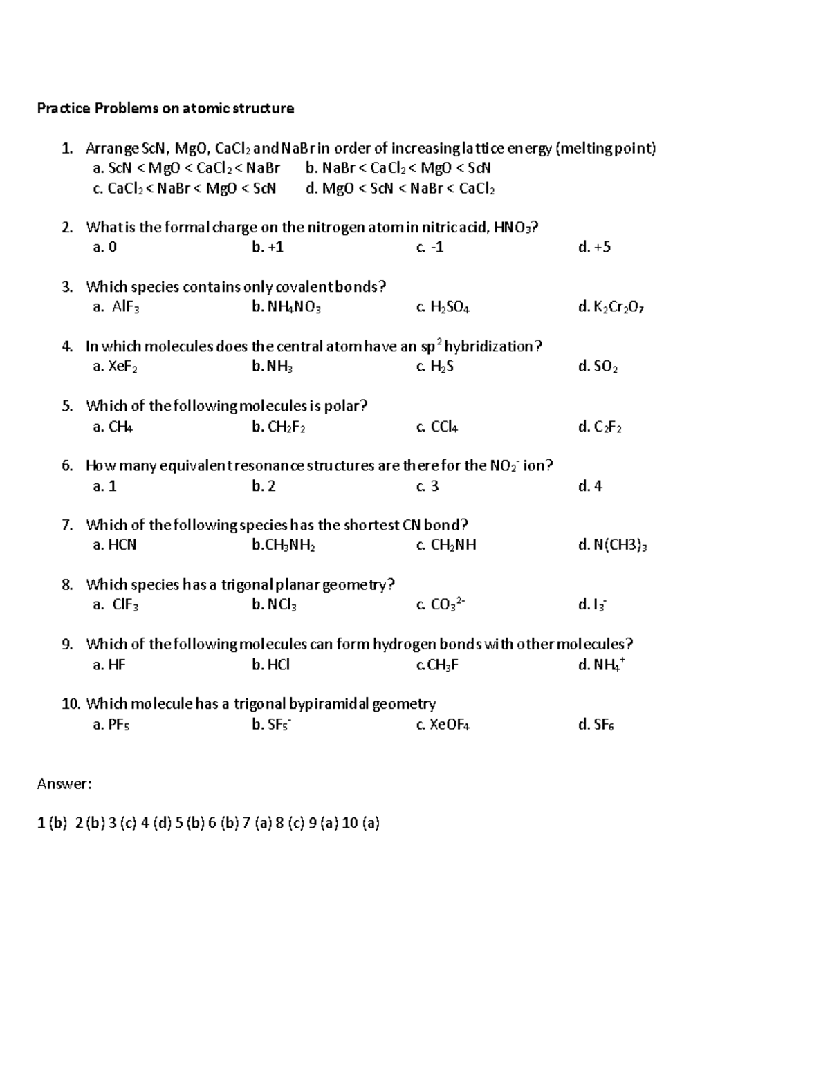 Molecular structure practice - Practice Problems on atomic structure ...