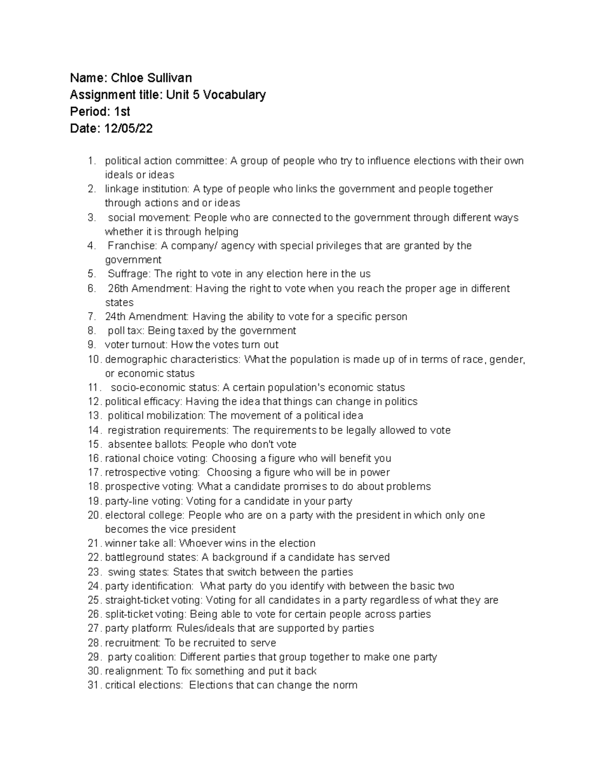 Unit 5 Vocabulary - Name: Chloe Sullivan Assignment title: Unit 5 ...