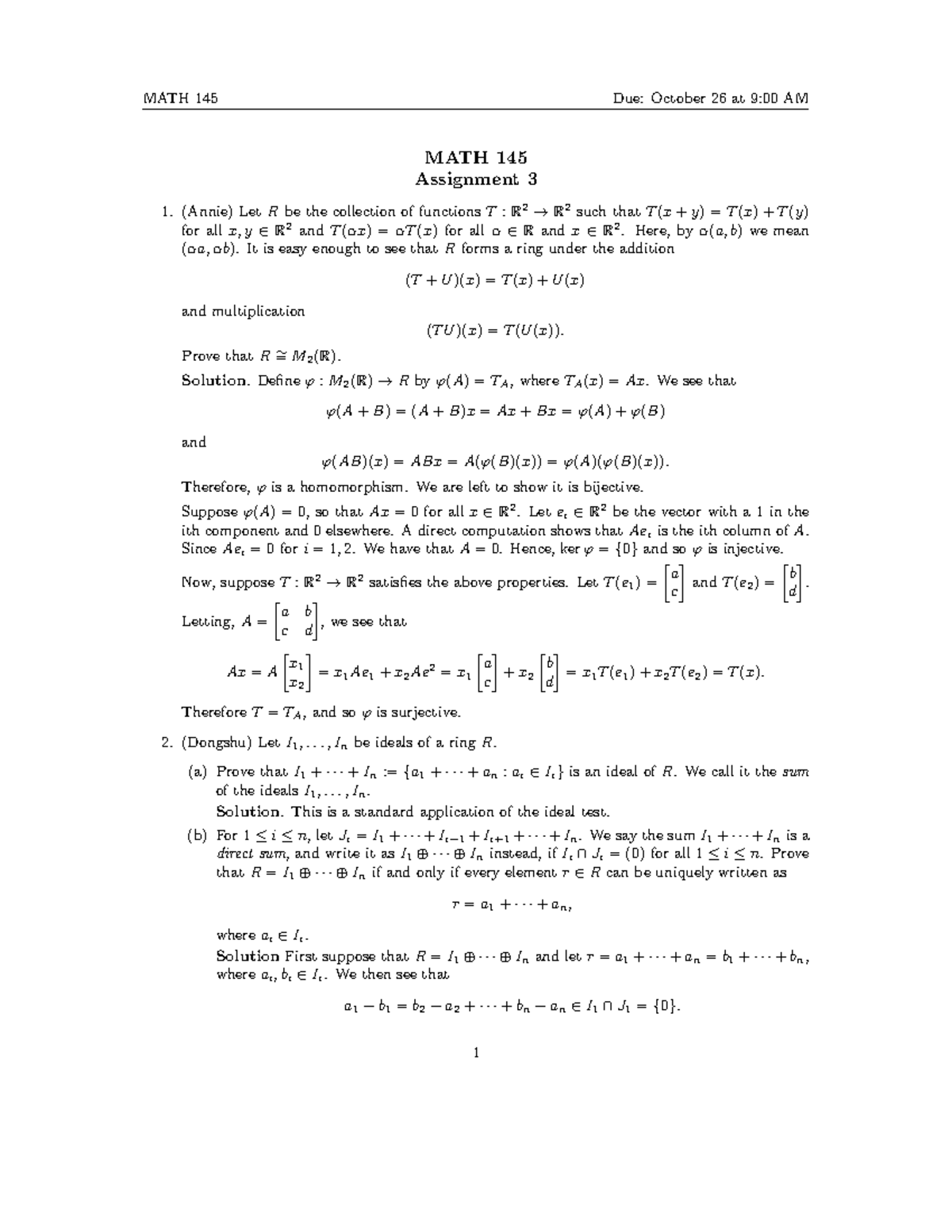 145s3 Third Assignment Algebra Advanced Math 145 Due October 26 At 900 Am Math 145