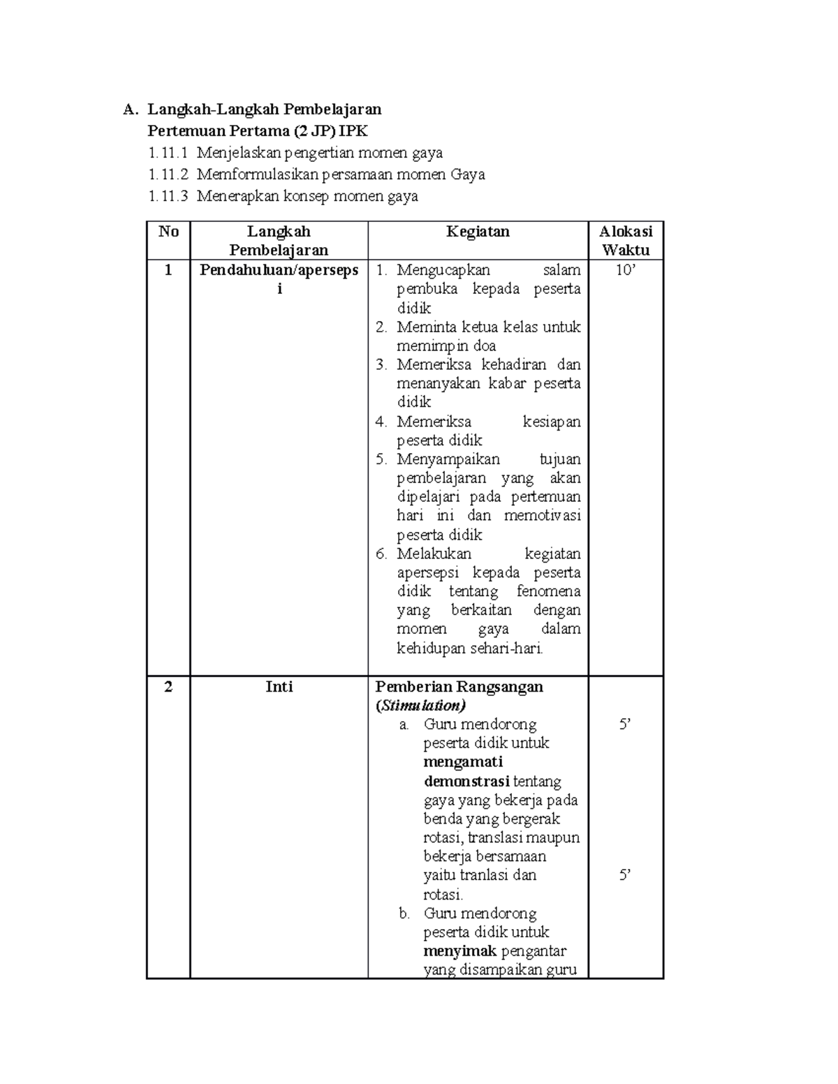 Rencana Pelaksanaan Pembelajaran (RPP) Kesetimbangan benda tegar 2 - A ...