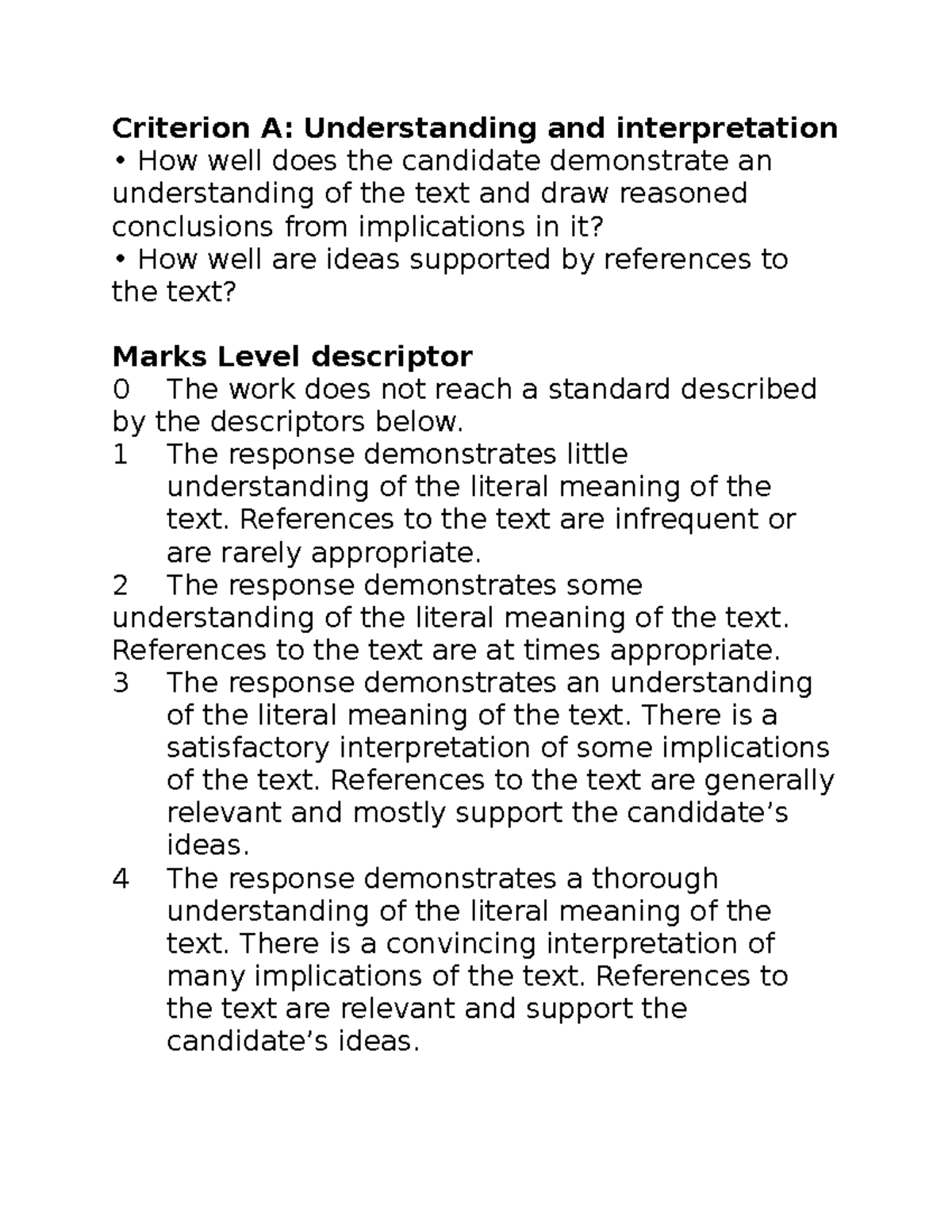 Assessement criteria lang lit paper 1 - Criterion A: Understanding and ...