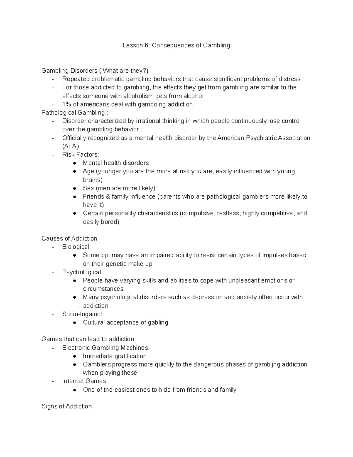 HM305 Lesson 6 10 10 - Lesson 6: Consequences of Gambling Gambling ...