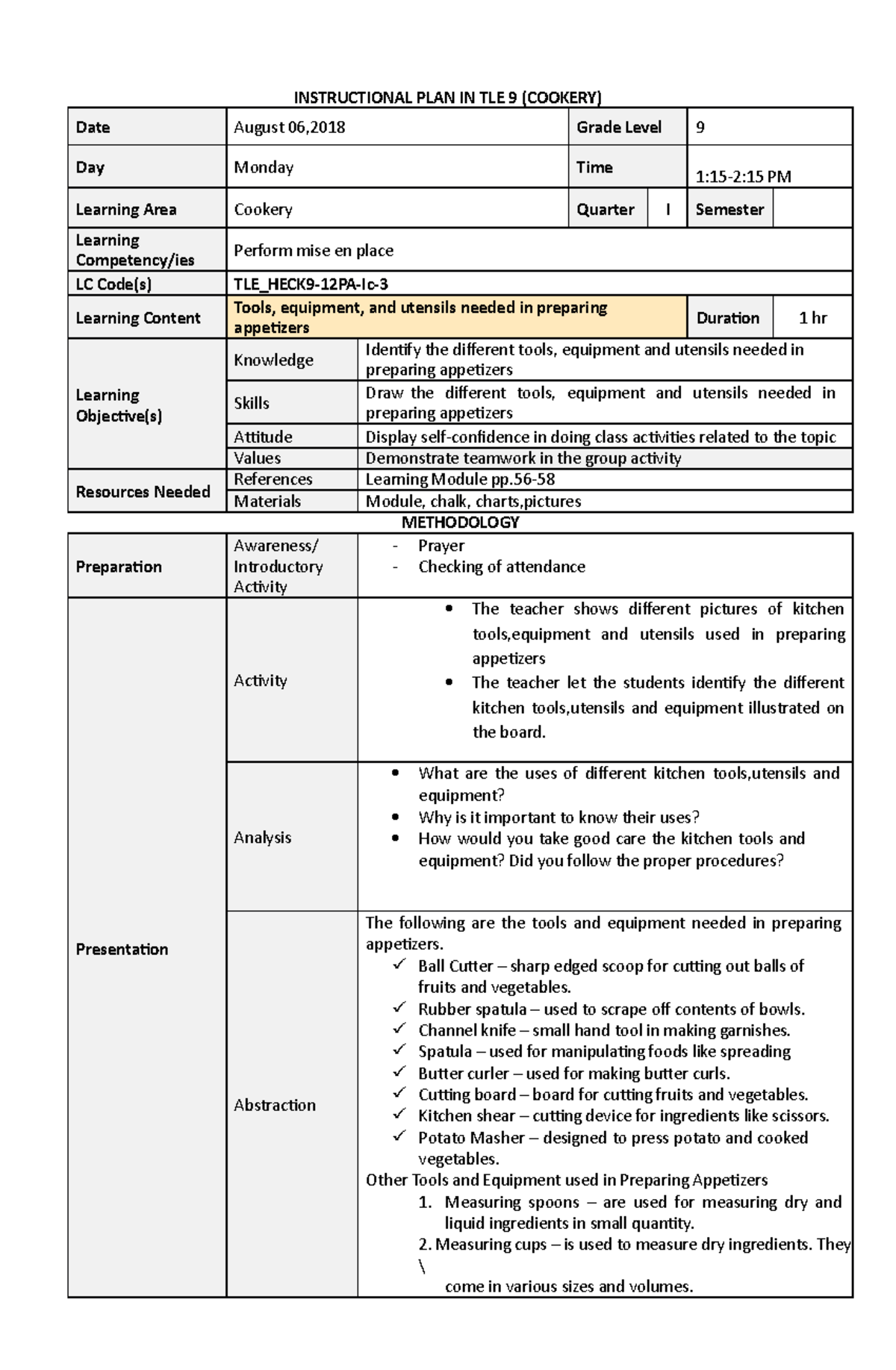 Canape - for report - INSTRUCTIONAL PLAN IN TLE 9 (COOKERY) Date August ...