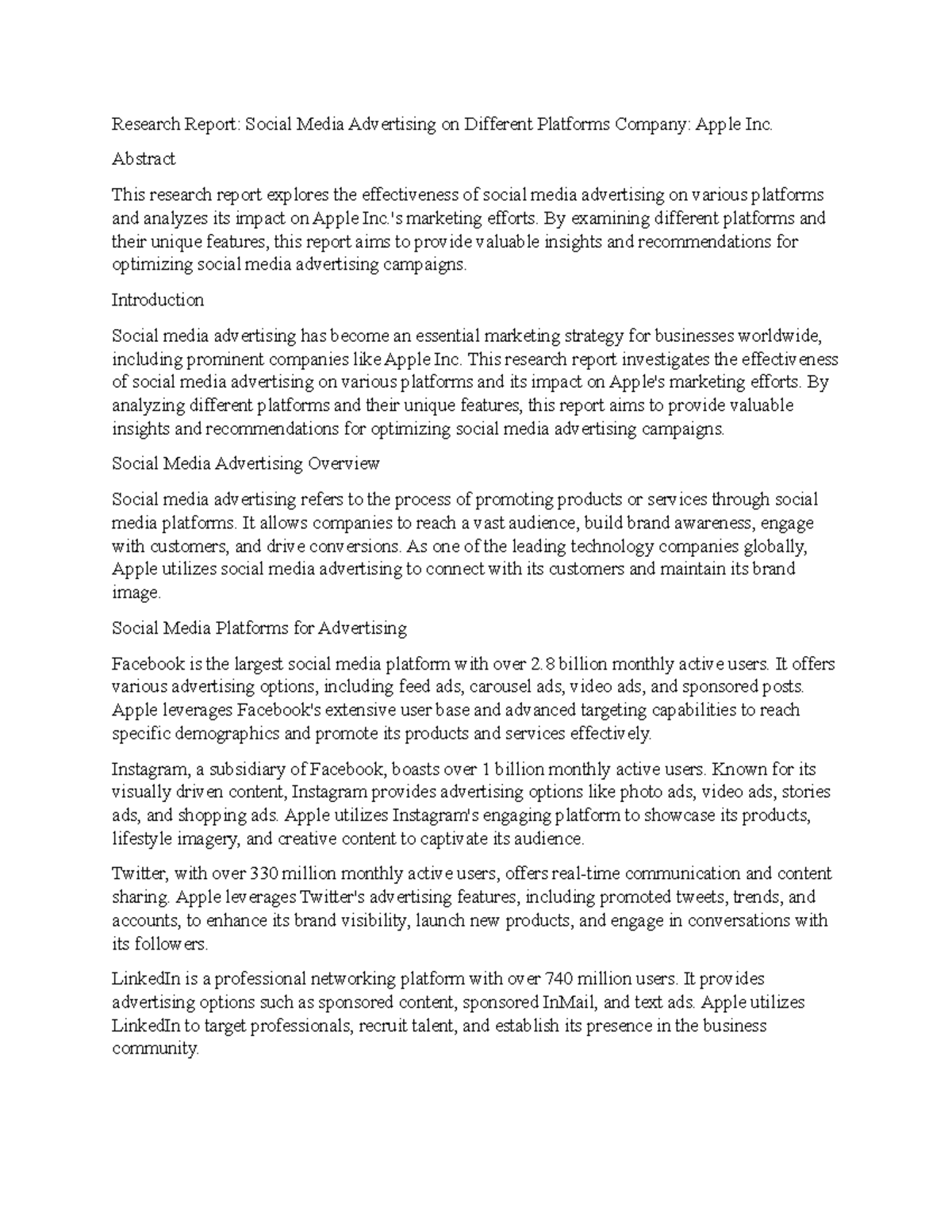 Sample of Report - Research Report: Social Media Advertising on ...