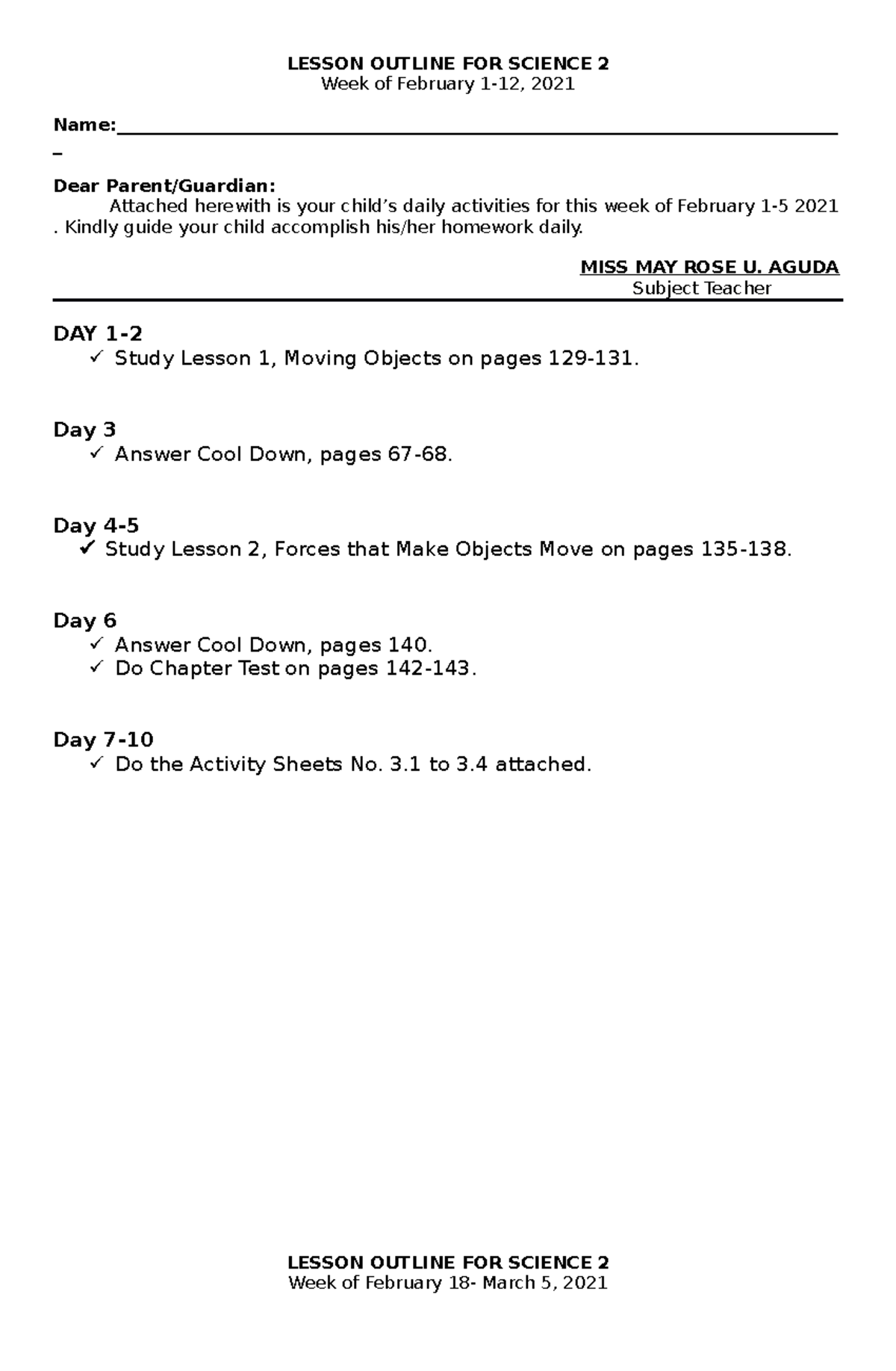 WEEK1-2 - module - LESSON OUTLINE FOR SCIENCE 2 Week of February 1-12 ...