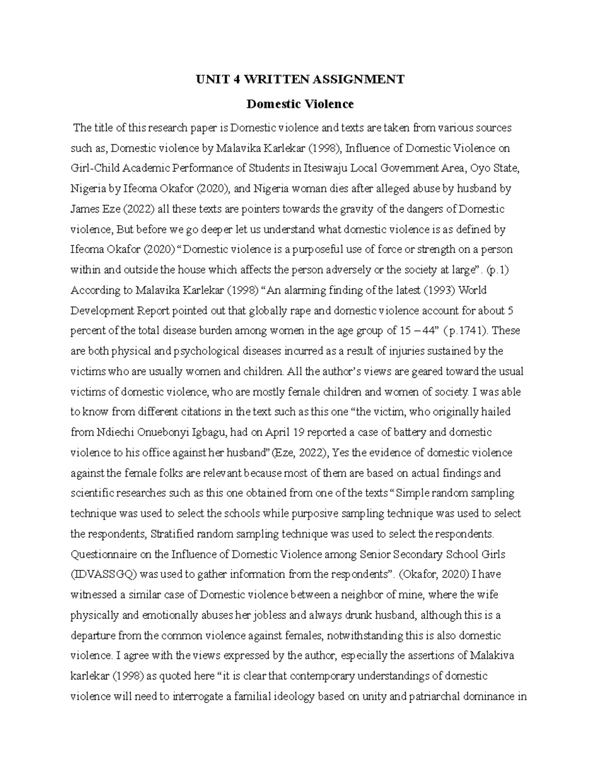 Submission unit 4 - unit 4 Written Assignment 4 - UNIT 4 WRITTEN ASSIGNMENT Domestic Violence ...