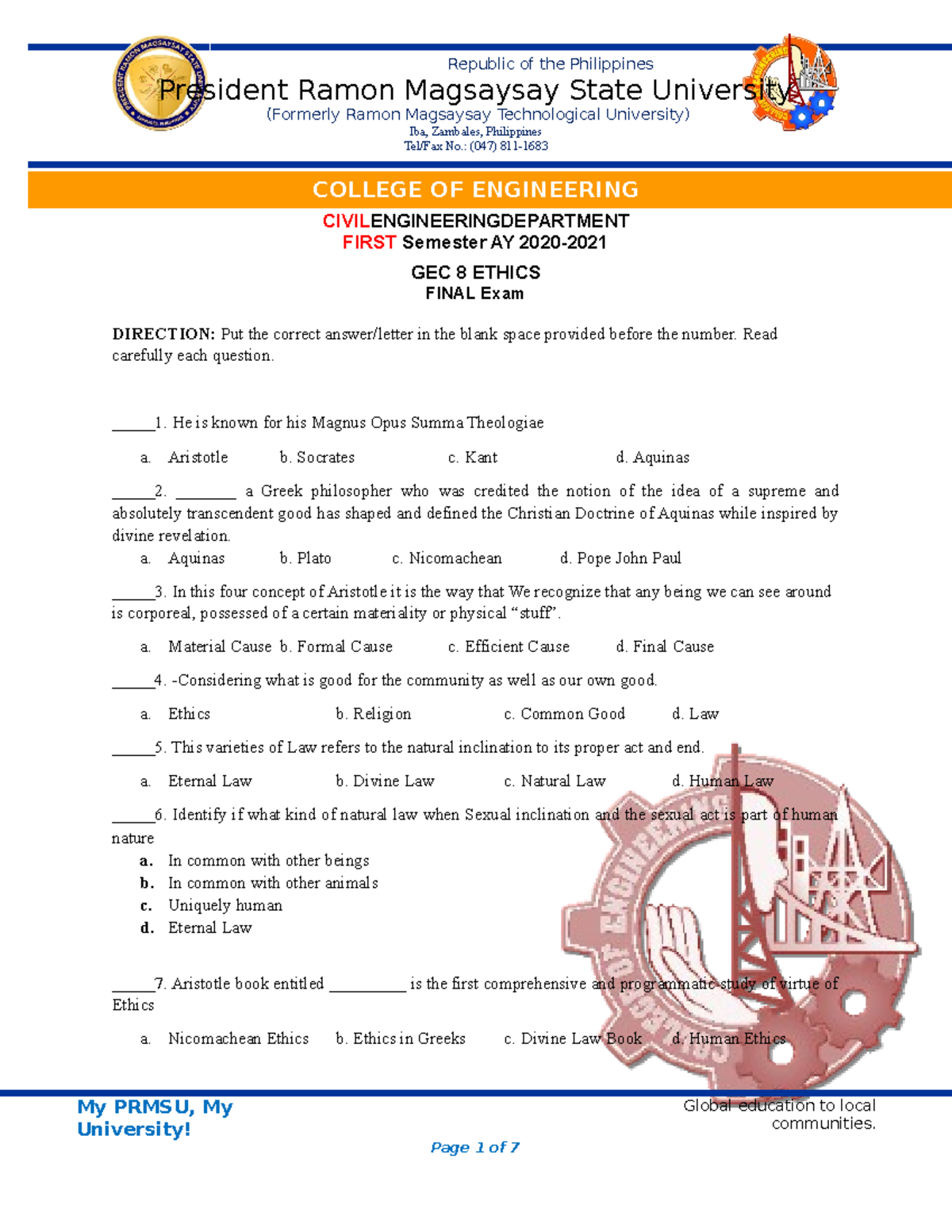 CEA GEC 8 Final EXAM - Special consideration consists of the exercise ...