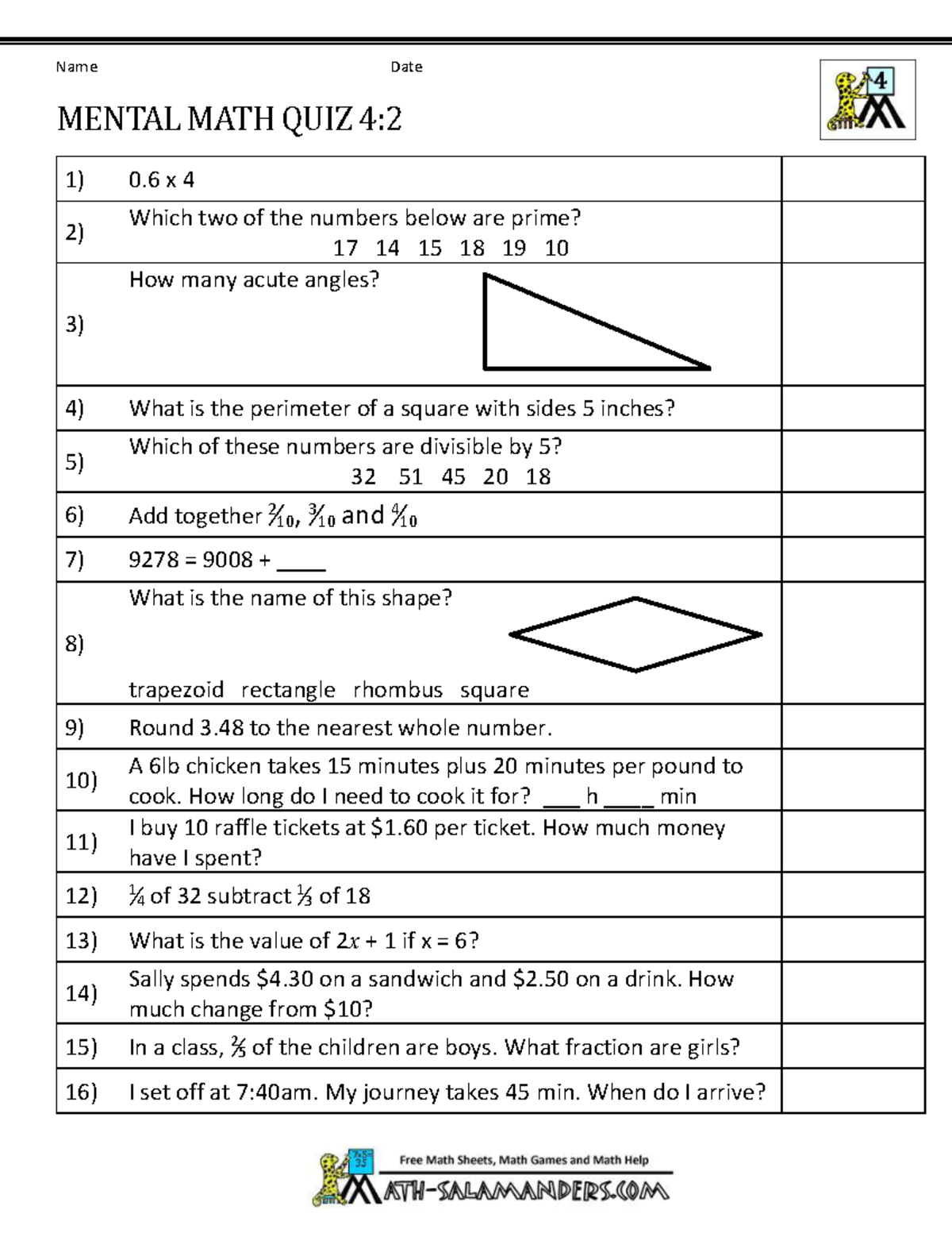 Mental Math 4th Grade 2 Math Name Date MENTAL MATH QUIZ 4 1 0 X 4