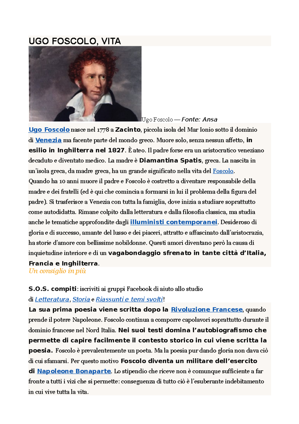 UGO Foscolo - sisa - UGO FOSCOLO, VITA Ugo Foscolo — Fonte: Ansa Ugo ...
