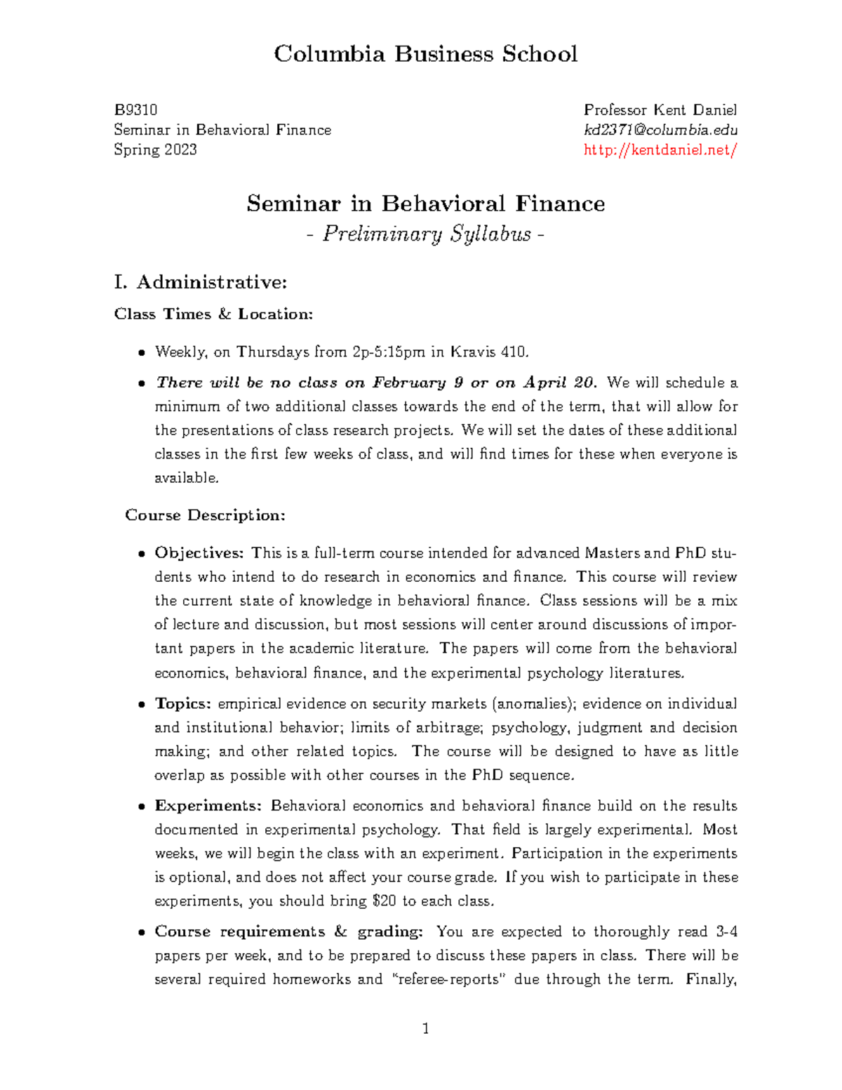 Kent Daniel syllab 23 - behavioral finance - Columbia Business School ...