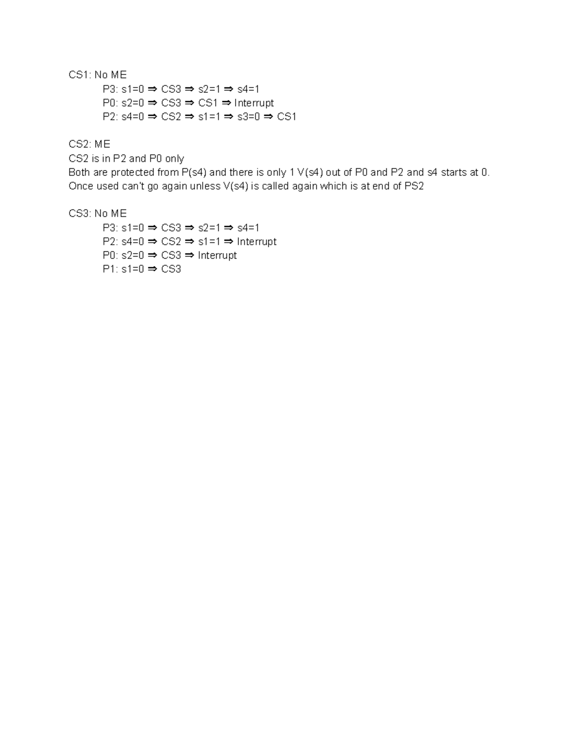 Question 1 Solution - prac - COMP 346 - CS1: No ME P3: s1=0 ⇒ CS3 ⇒ s2=1 ⇒ s4= P0: s2=0 ⇒ CS3 ⇒ ...