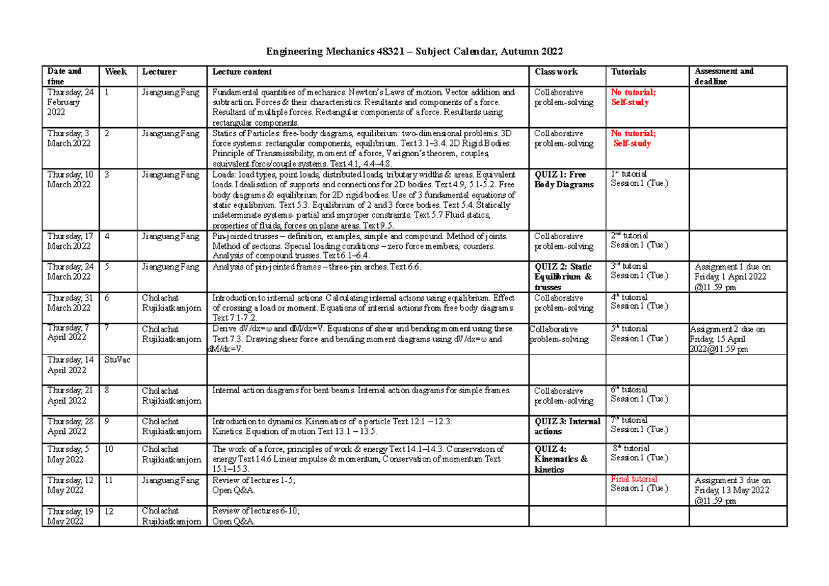 Subject calender including lectures and tutorials-1-1-1 - Engineering ...