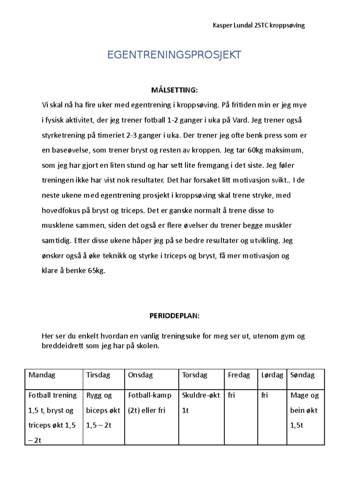 Egentrening - arbeidsoppgaver i timen - EGENTRENINGSPROSJEKT MÅLSETTING ...