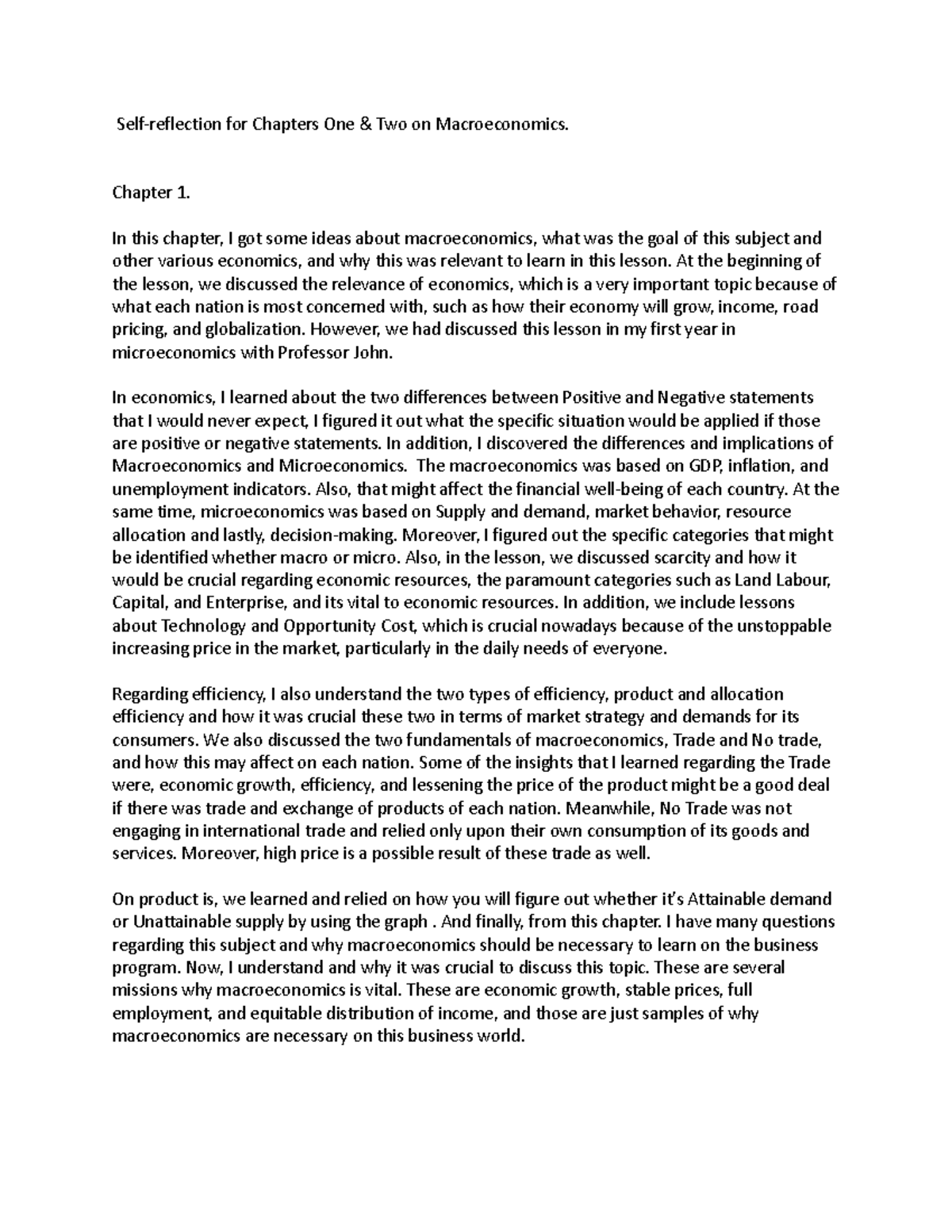 Self-reflection - Self-reflection - Self-reflection for Chapters One & Two on Macroeconomics ...