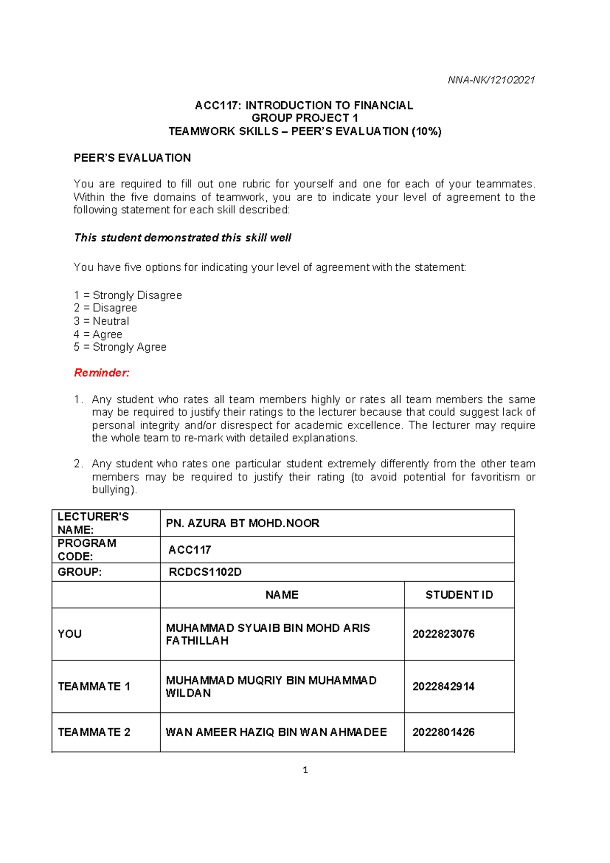 ACC117 PEER Evaluation Teamwork FOR Group Project 1 MAC 2023 - ACC117 ...