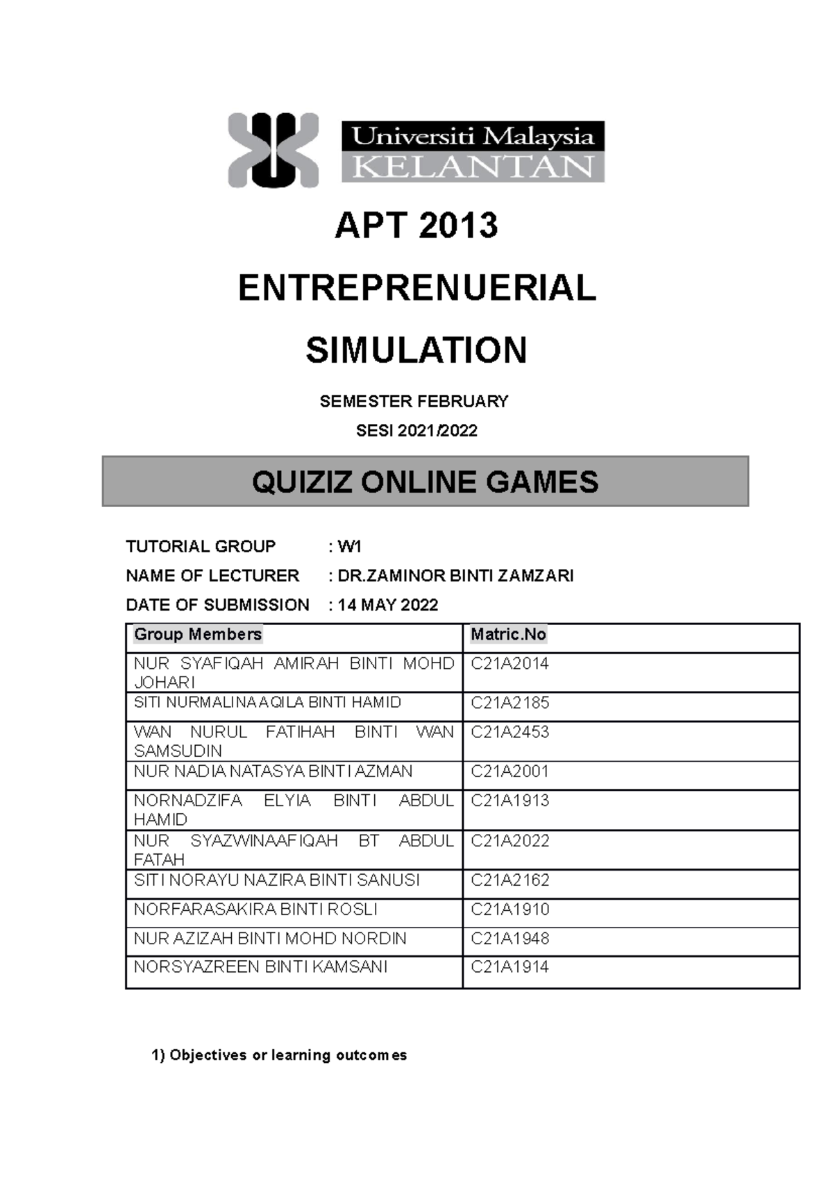 Apt simulation games - APT 2013 ENTREPRENUERIAL SIMULATION SEMESTER ...