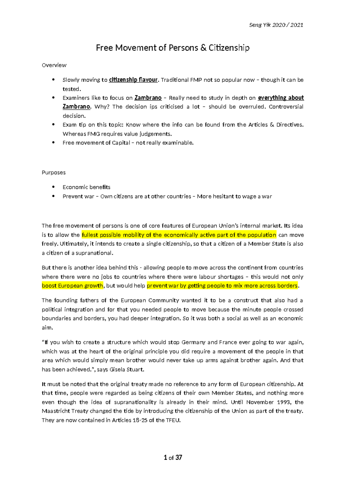 Free movement of Persons - Traditional FMP not so popular now – though ...