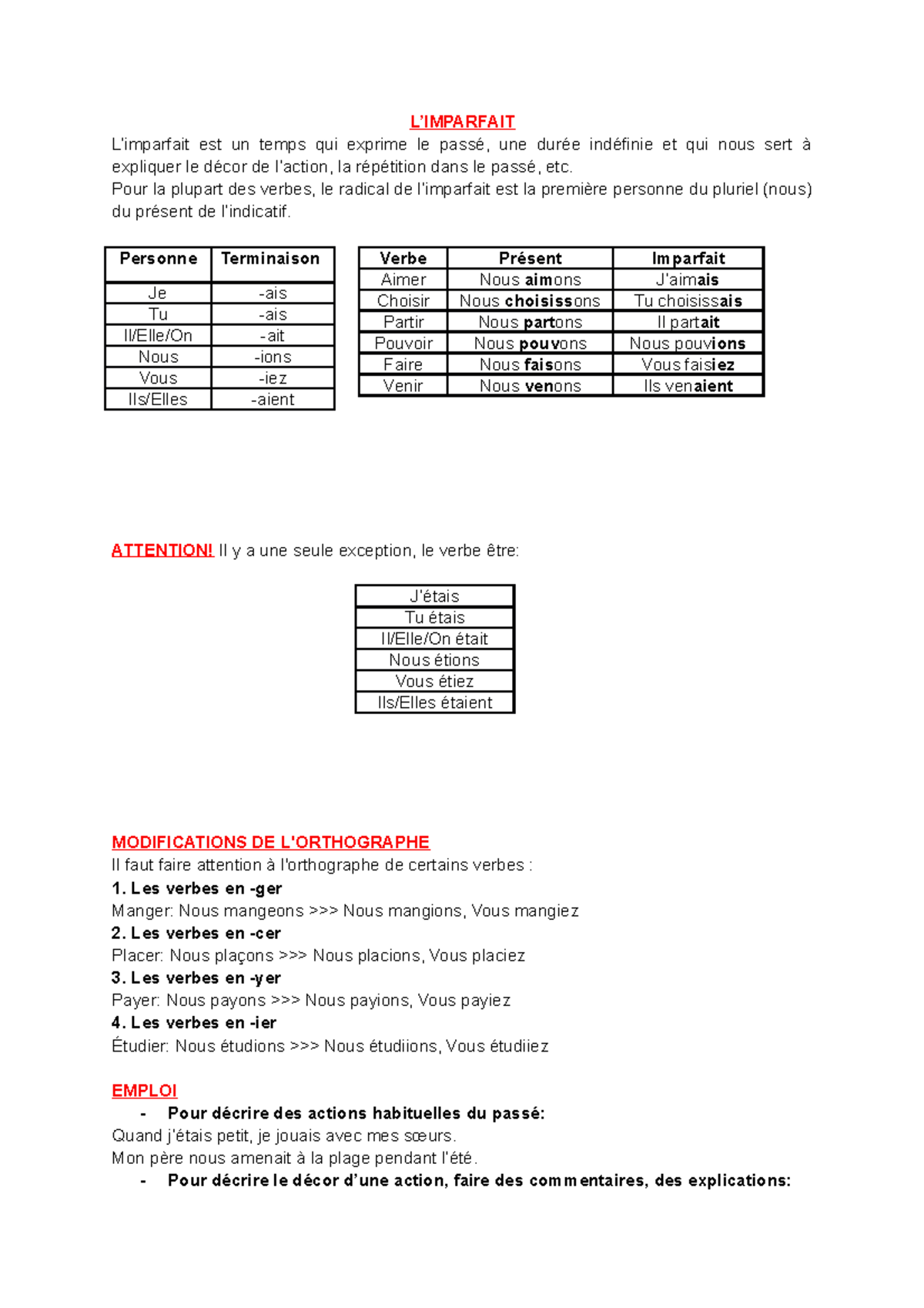 L'imparfait - Exercices pour comprendre le temps lexical "imparfait ...