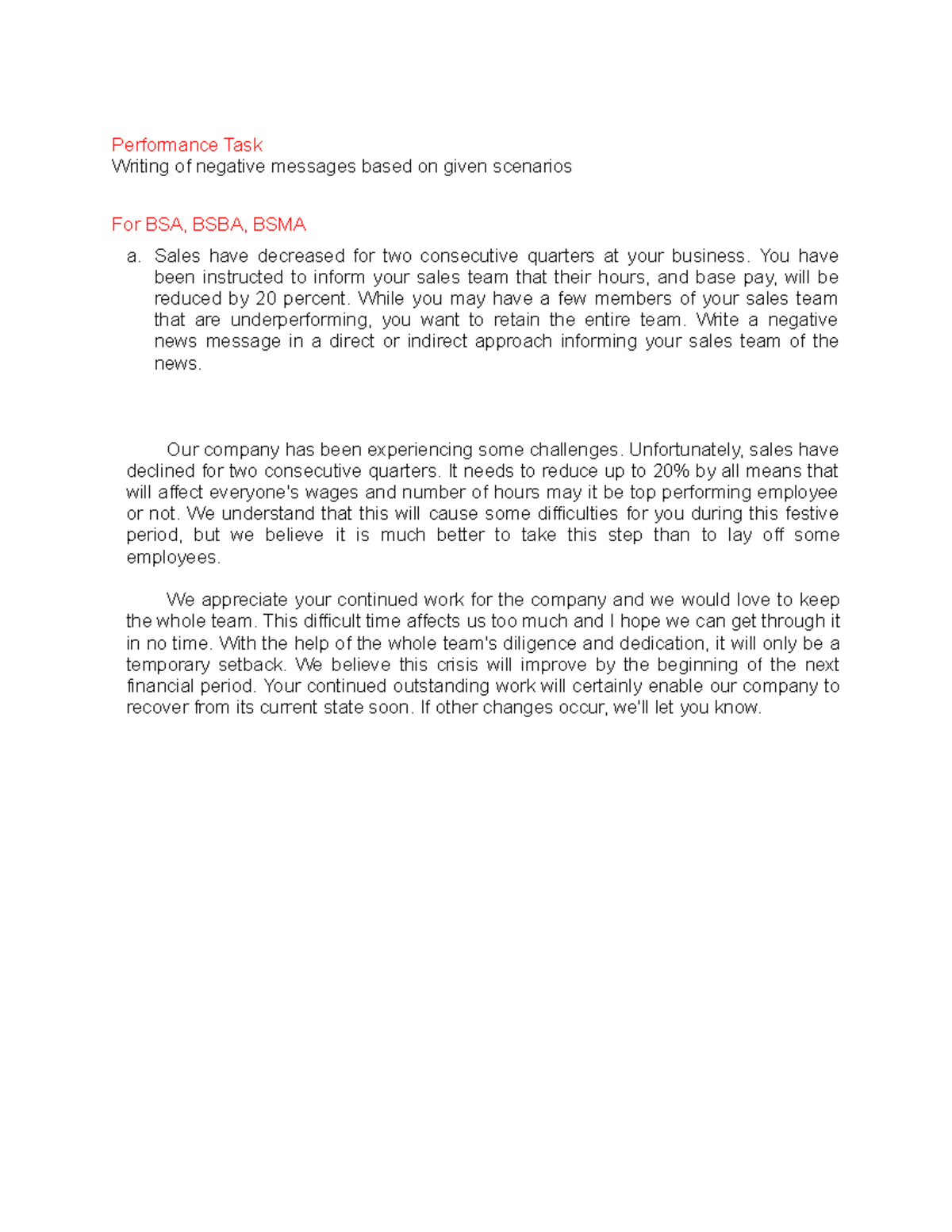 Performance Task Writing Negative Message - Performance Task Writing of ...