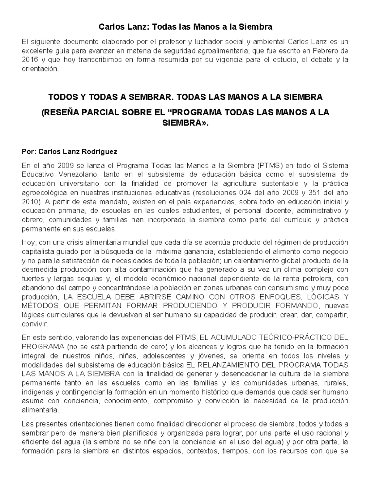 Carlos LANZ. PTMS. Imprimir - Carlos Lanz: Todas las Manos a la Siembra ...