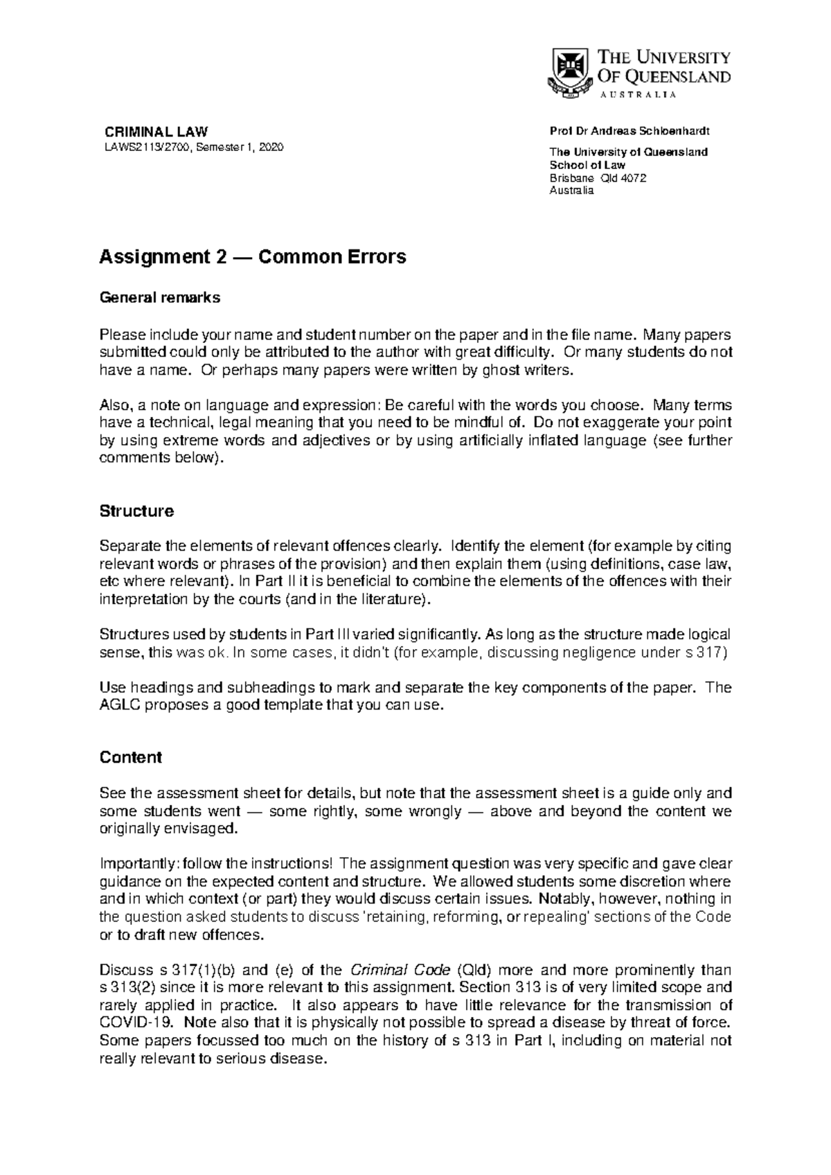 Assignment 2 - common errors (2020) - CRIMINAL LAW LAWS2113/2700 ...