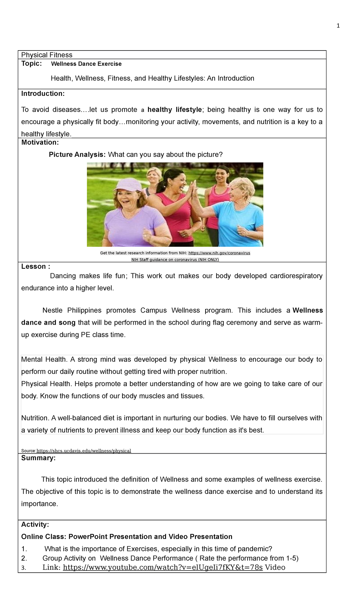 Physical Fitness W - PEH - 1 Physical Fitness Topic: Wellness Dance ...