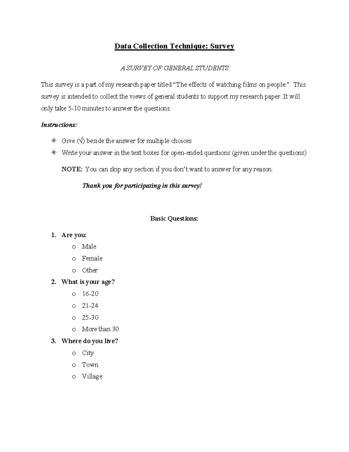 Questionnaire for research paper. - Data Collection Technique: Survey A ...