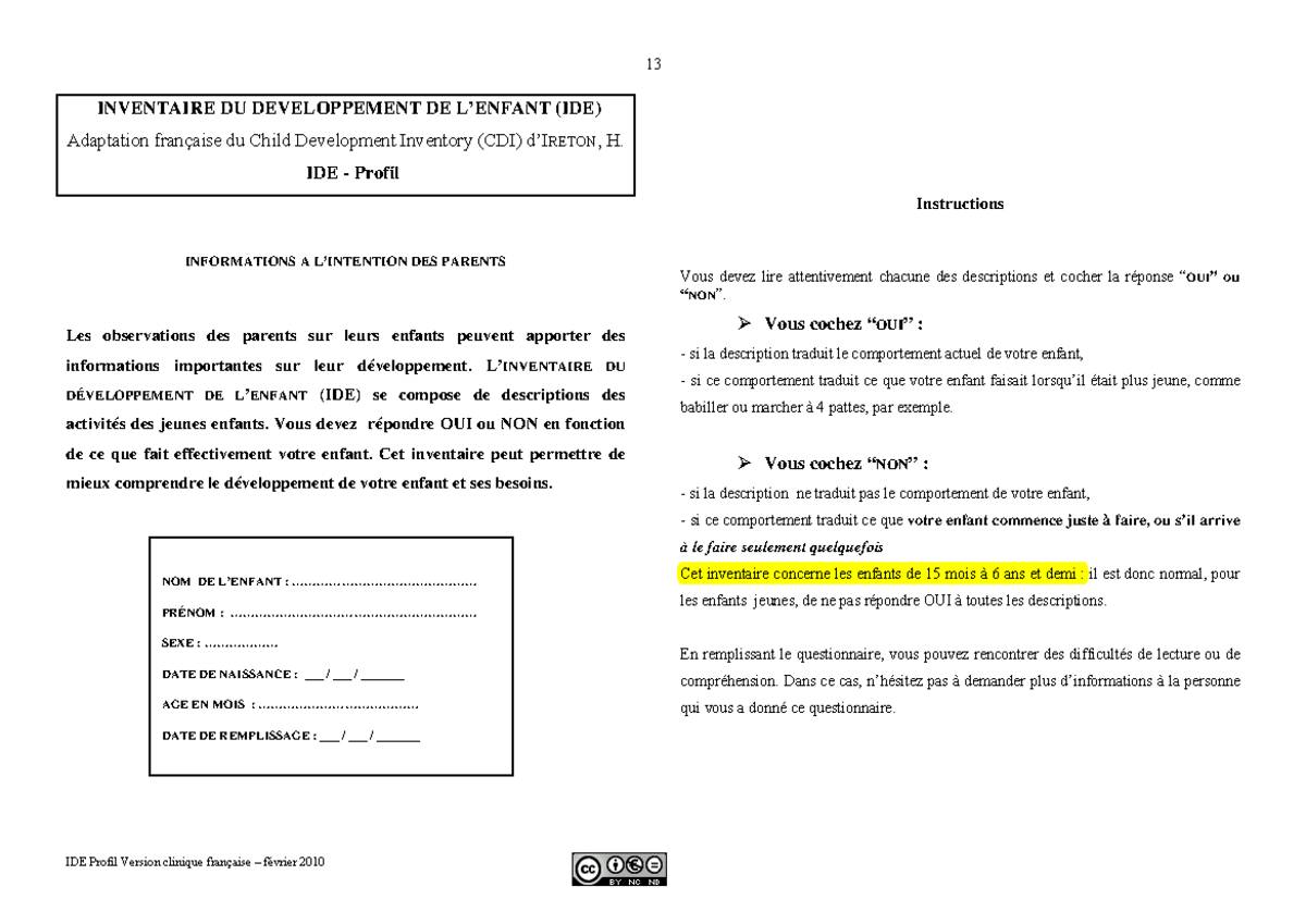 Questionnaire IDE pour les enfants de 6 et moins - 13 INVENTAIRE DU ...