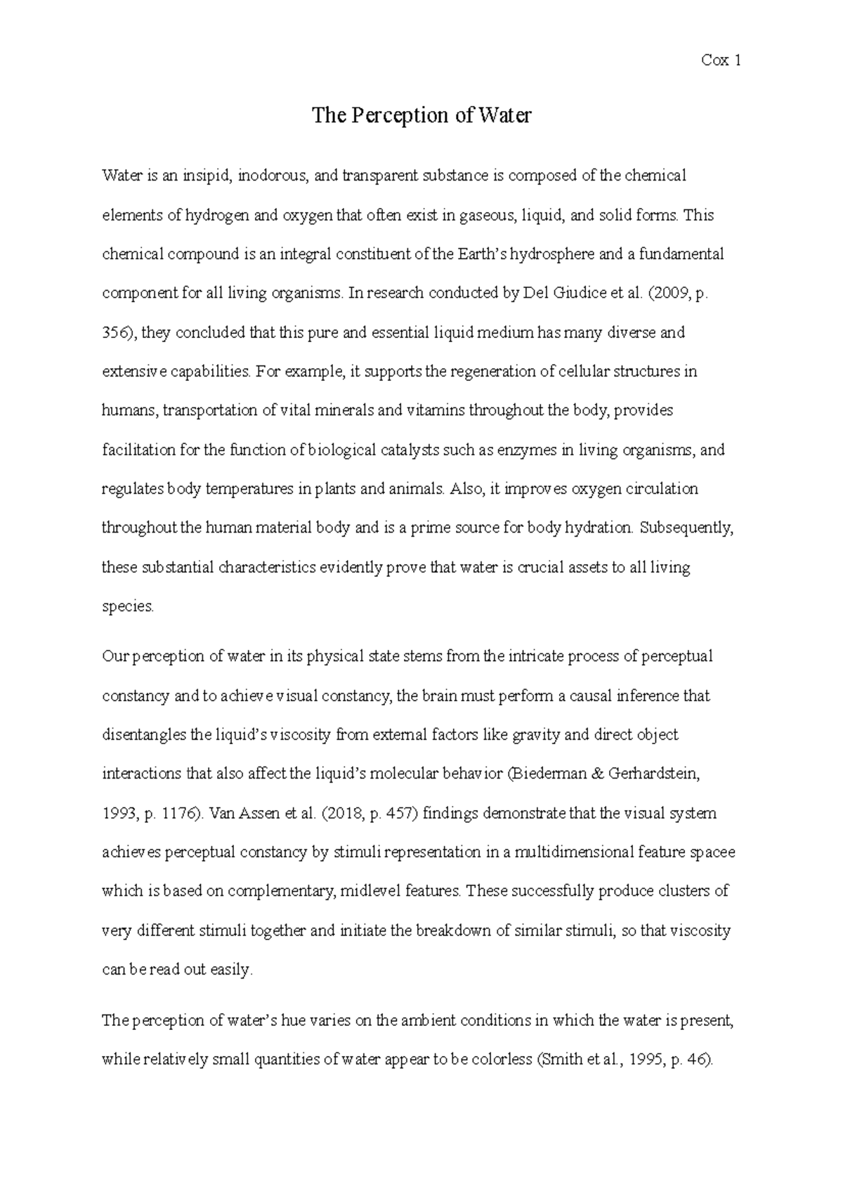 The Perception of Water - Cox 1 The Perception of Water Water is an ...