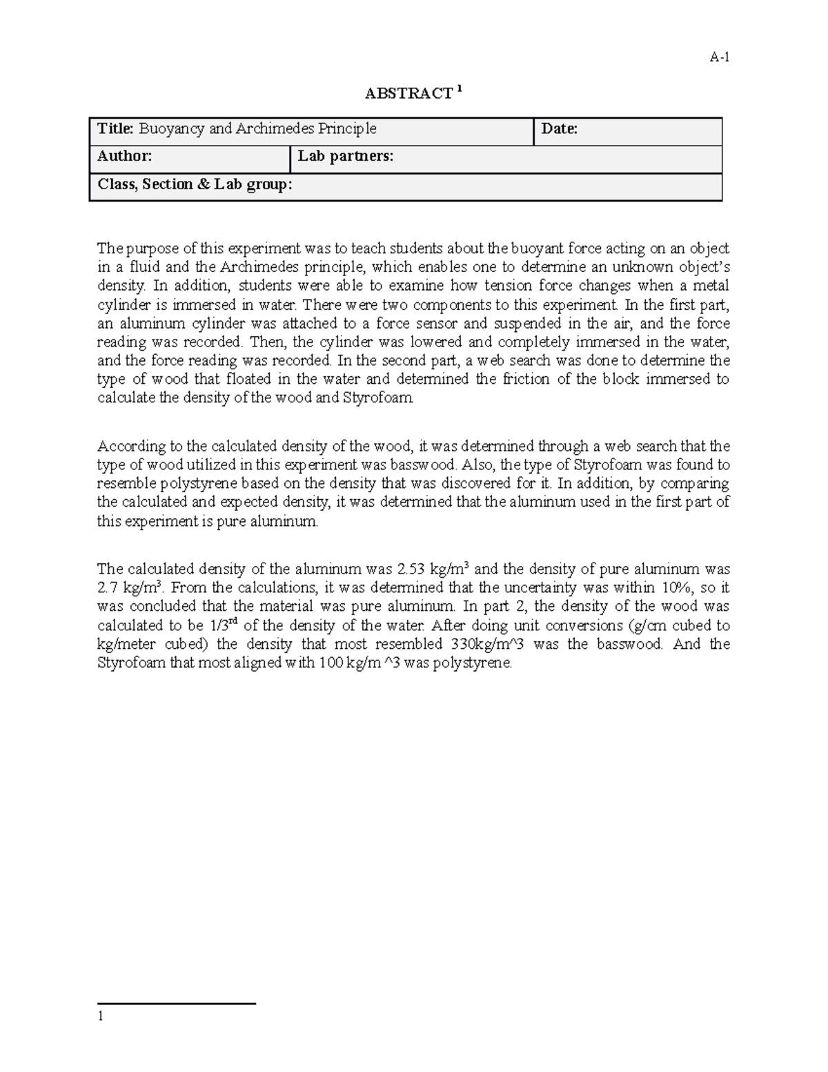 Archimedes Principle Abstract - A- ABSTRACT 1 Title: Buoyancy and ...