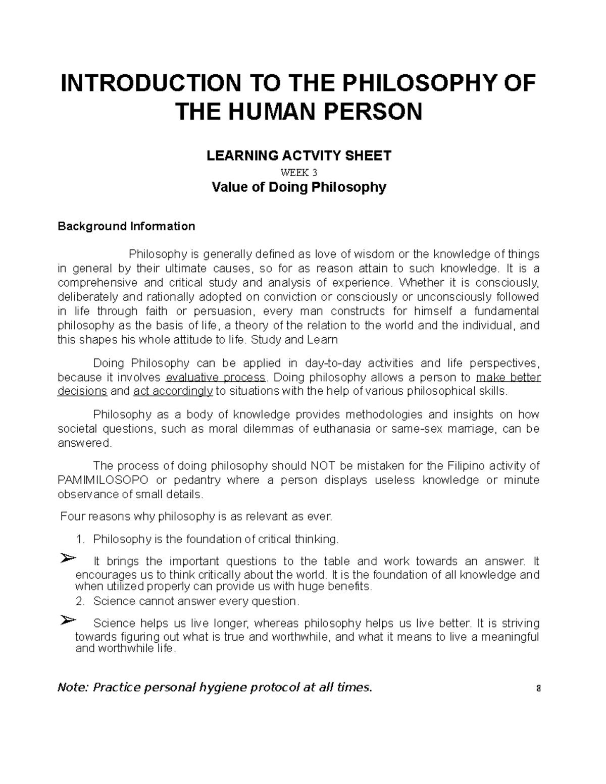 Week 3 and 4 philosophy - Practice Material - INTRODUCTION TO THE ...