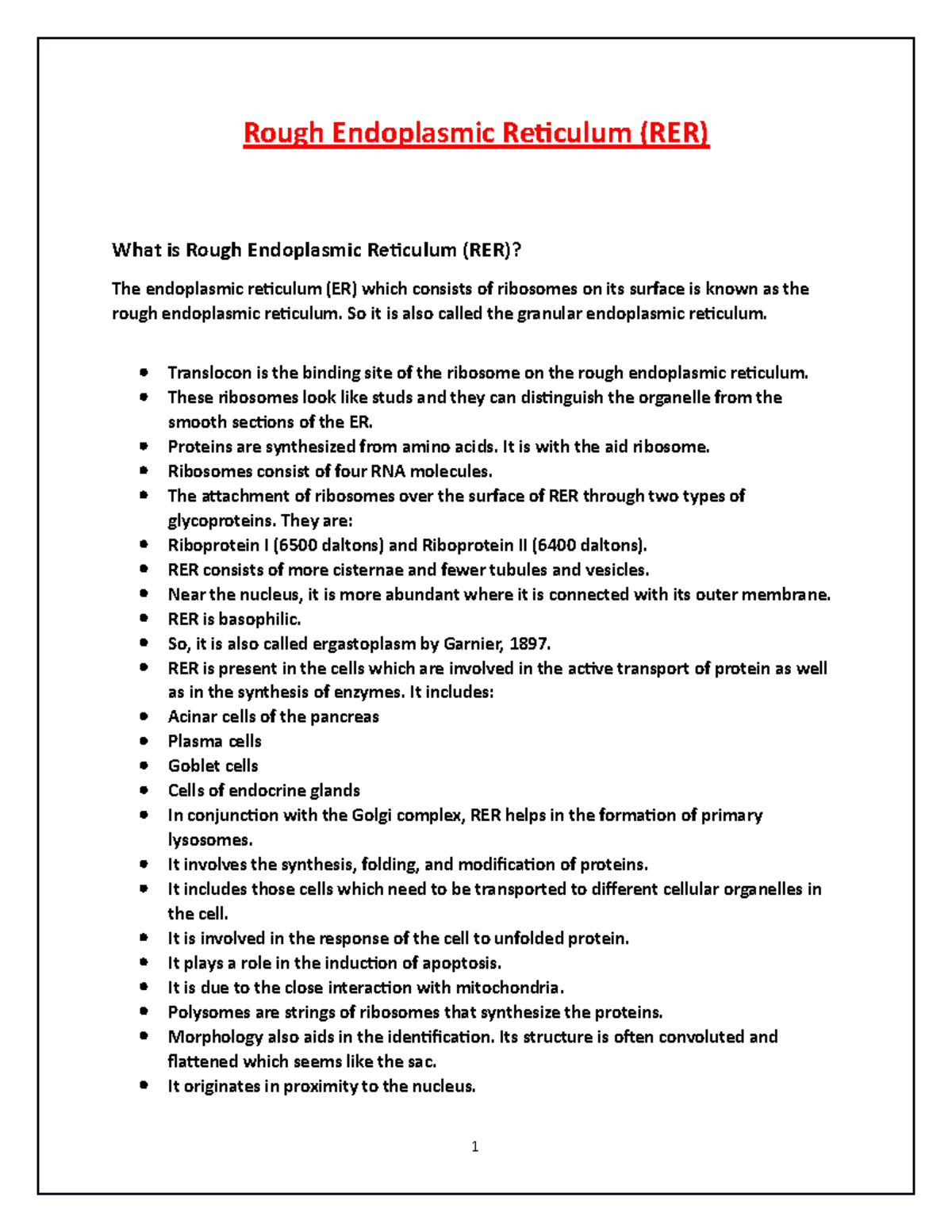 Revision Notes Rough Endoplasmic Reticulum (RER) - Rough Endoplasmic ...