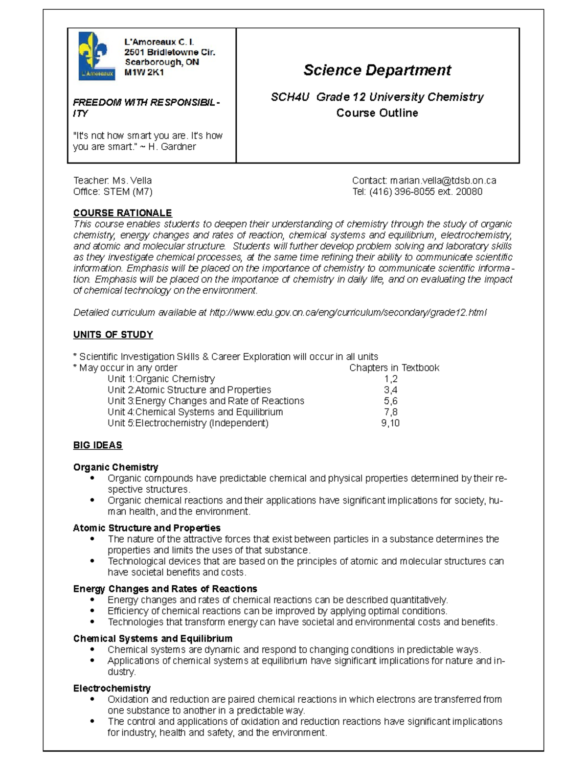 SCH 12U course outline - FREEDOM WITH RESPONSIBIL- ITY "It's not how ...