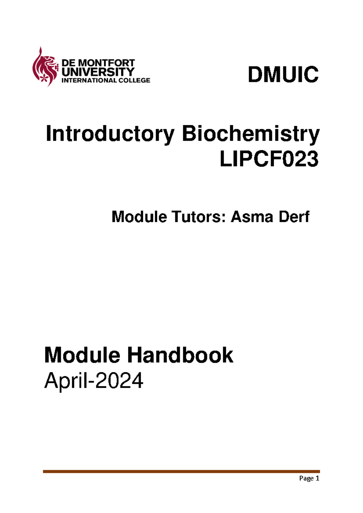 Module Handbook Introductory Biochemistry-April-24 - L3 IFC IY - DMUIC Introductory Biochemistry ...