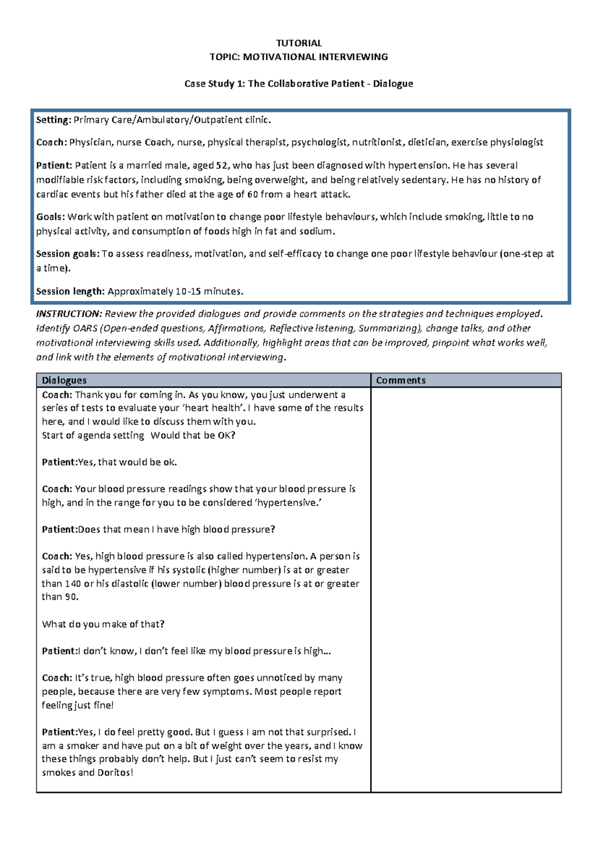 Tutorial MI - TUTORIAL TOPIC: MOTIVATIONAL INTERVIEWING Case Study 1 ...