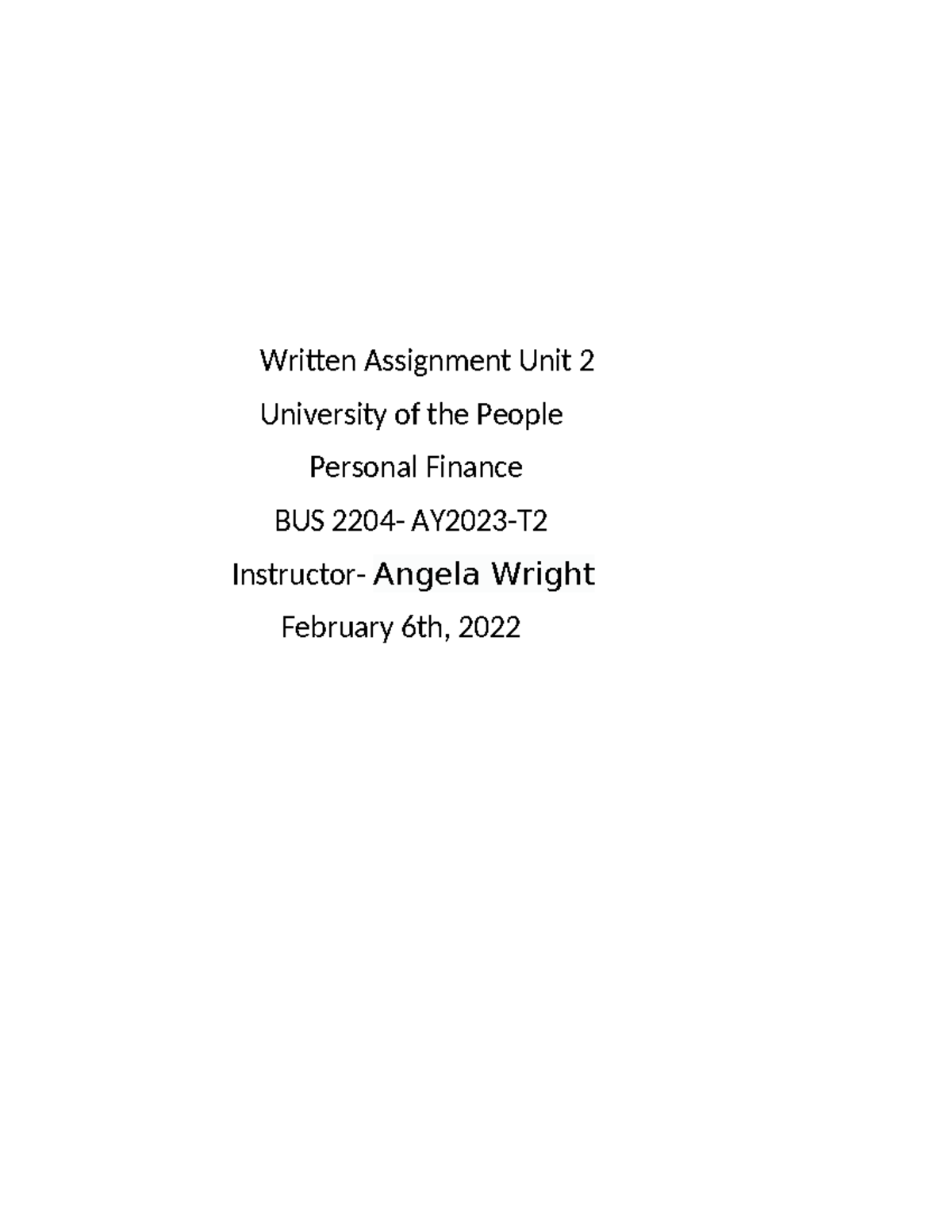 Written Assignment Unit 2 Bus 2204 - Written Assignment Unit 2 ...