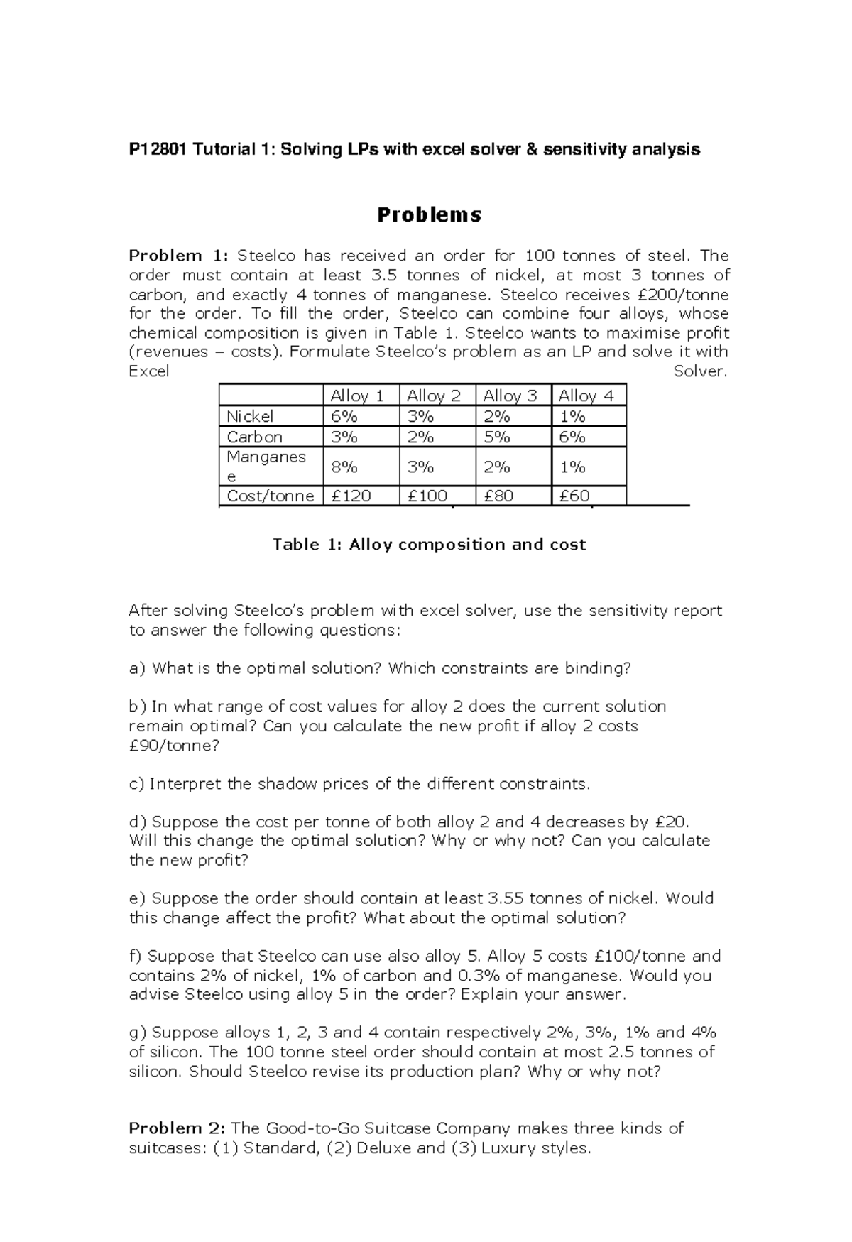 P12801 Tutorial 1 problems-Typo corrected - P12801 Tutorial 1: Solving LPs with excel solver ...