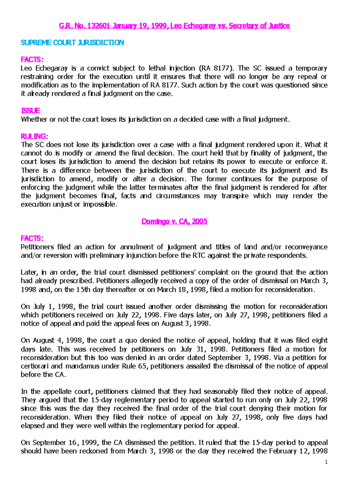 Crimpro Cases - LAW - G. No. 132601 January 19 , 1999 , Leo Echegaray ...