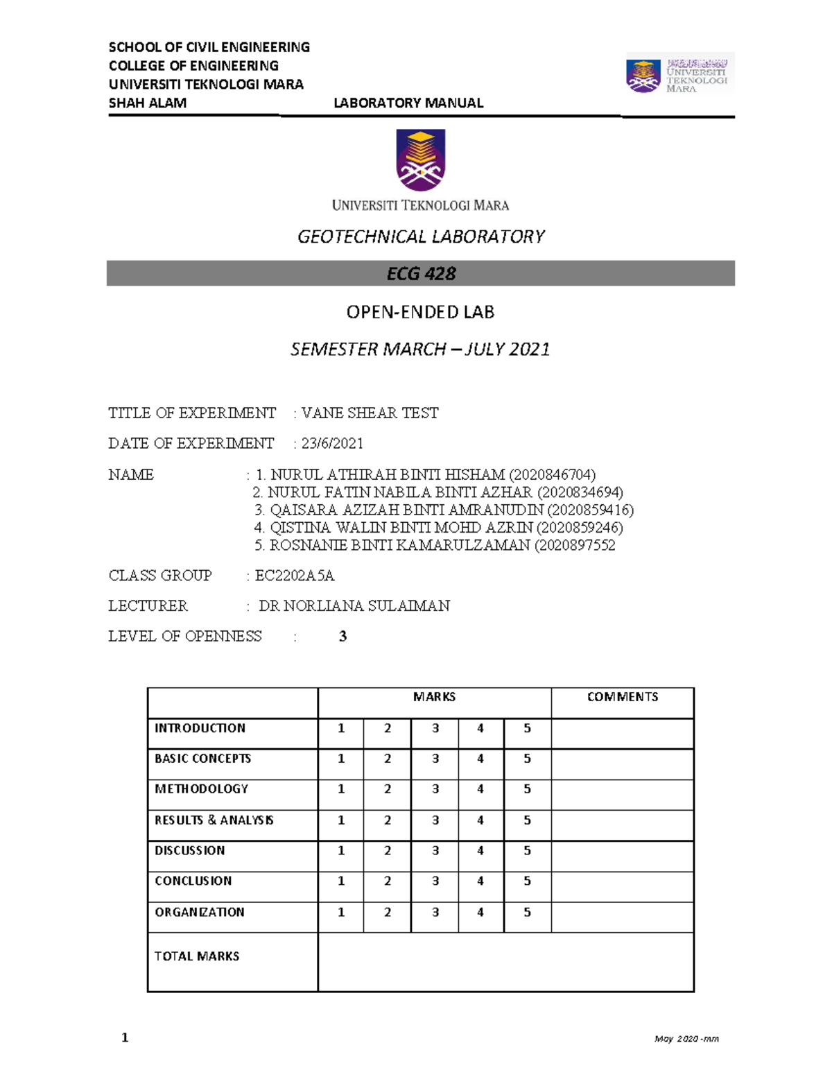 LAB REPORT Vane Shear Test - Geotechnical Laboratory - UiTM - Studocu