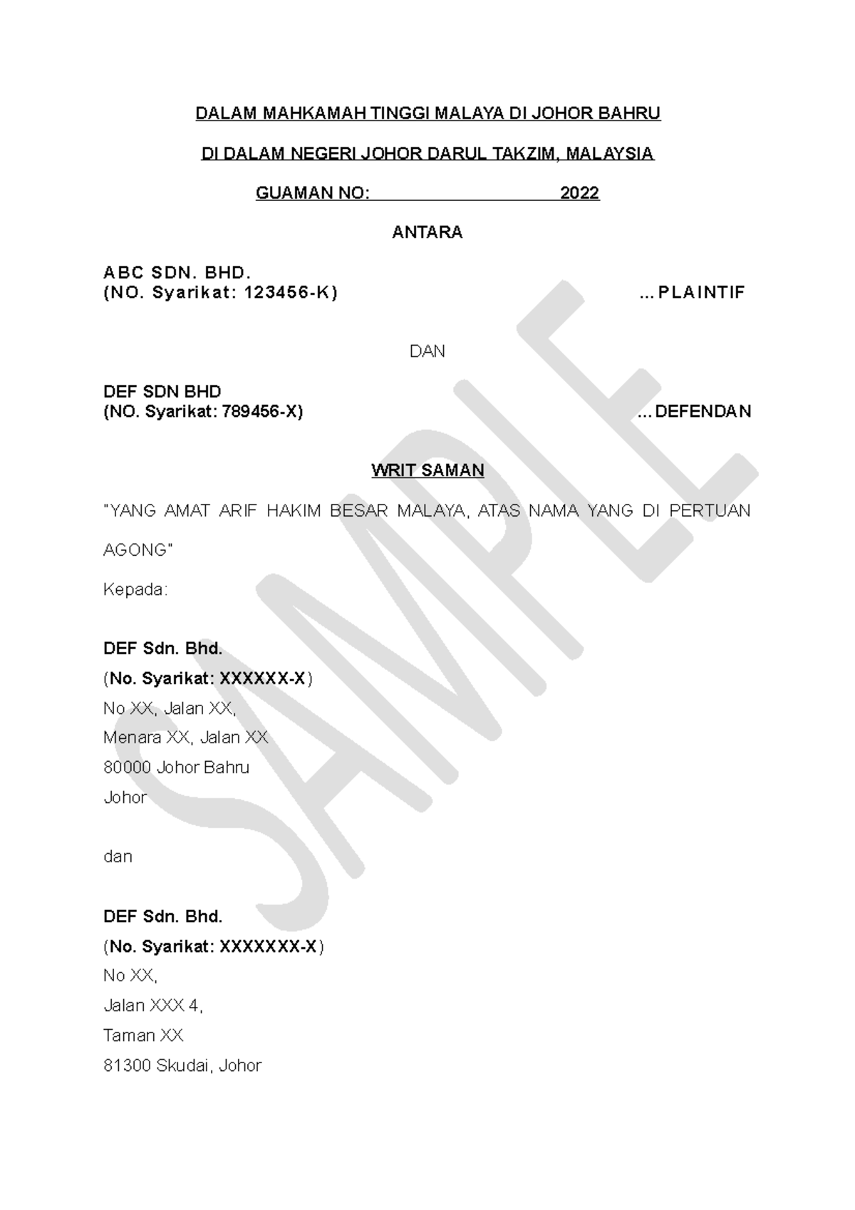 Writ Saman Pelajar dsc ev ddc fef ce hn - DALAM MAHKAMAH TINGGI MALAYA ...