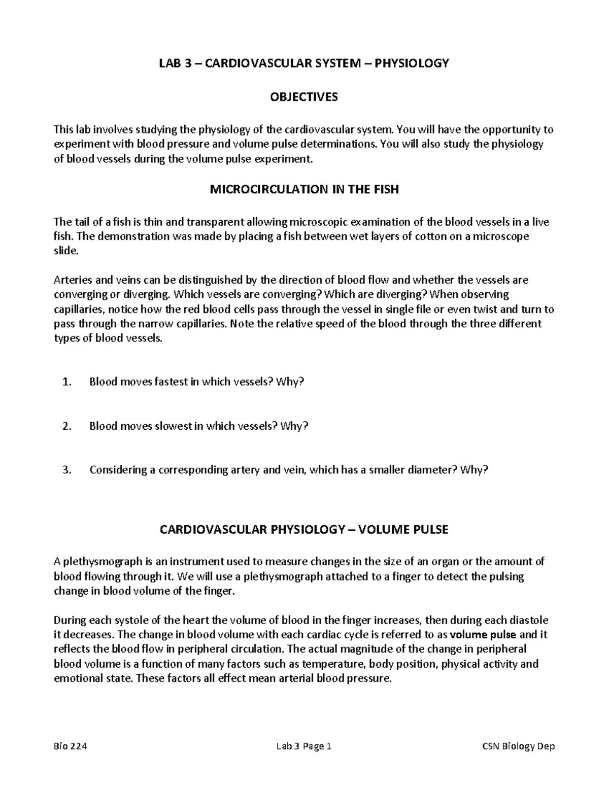 BIO 224 LAB 3 - lab - LAB 3 – CARDIOVASCULAR SYSTEM – PHYSIOLOGY ...