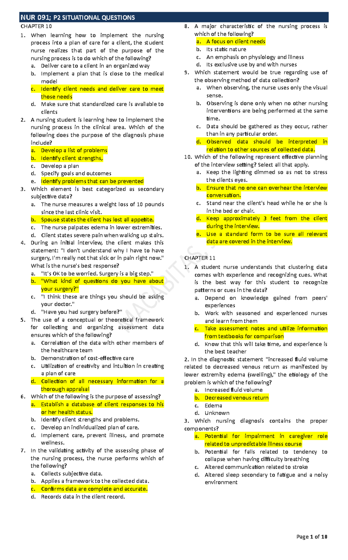 NUR 091 - CHAPTER 10 When learning how to implement the nursing process into a plan of care for ...