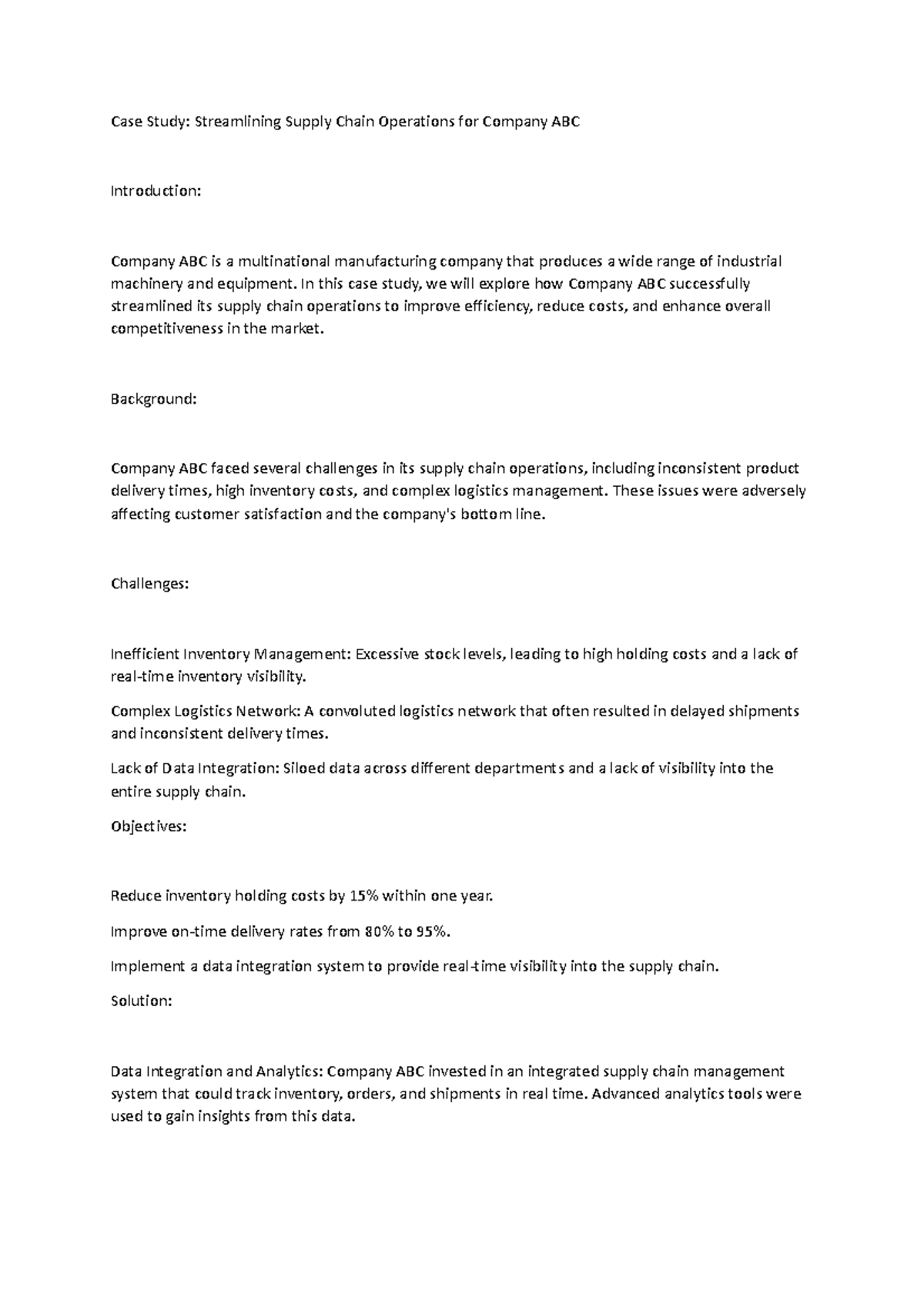 Case Study 2 - Case Study: Streamlining Supply Chain Operations for ...