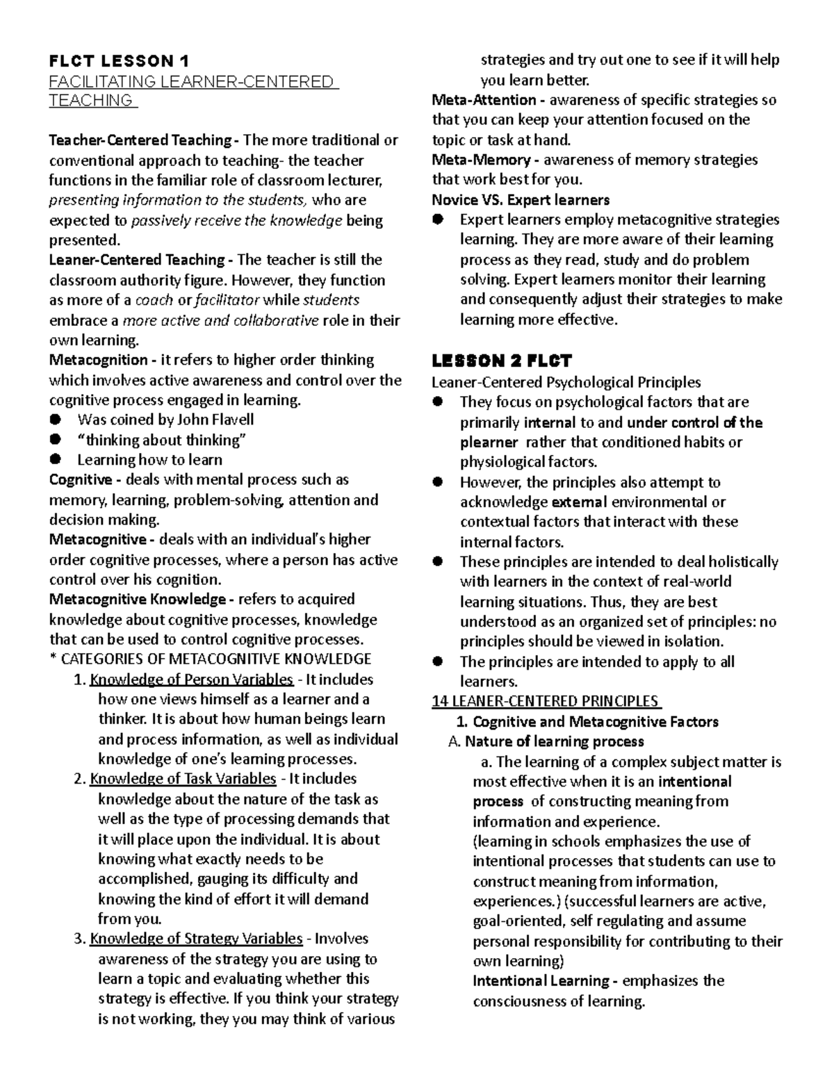 FLCT Lesson 1-2 - Own summarization - FLCT LESSON 1 FACILITATING LEARNER-CENTERED TEACHING - Studocu