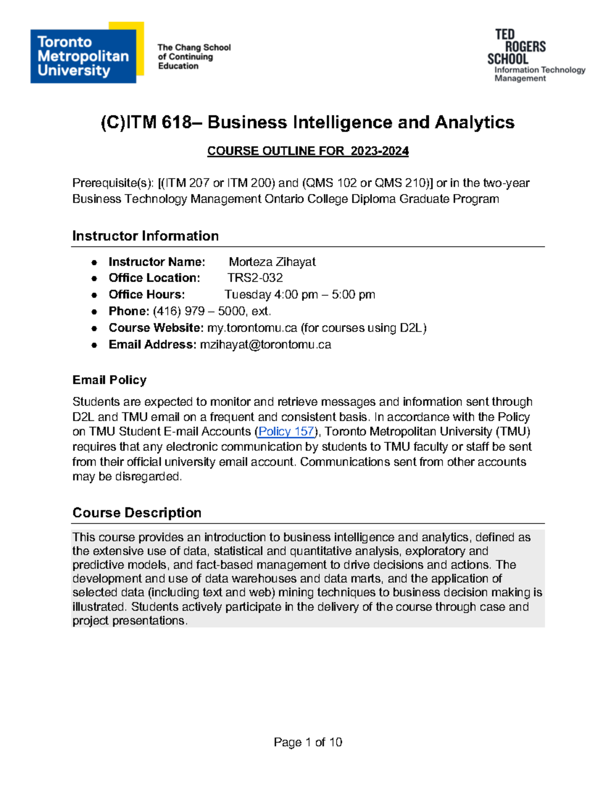 ITM 618 2024-2025 - Summary BUSINESS INTELLIGENCE AND ANALYTICS - (C)ITM 618– Business ...
