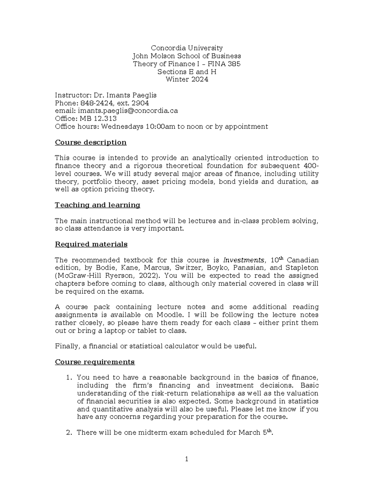 Course outline - Concordia University John Molson School of Business ...