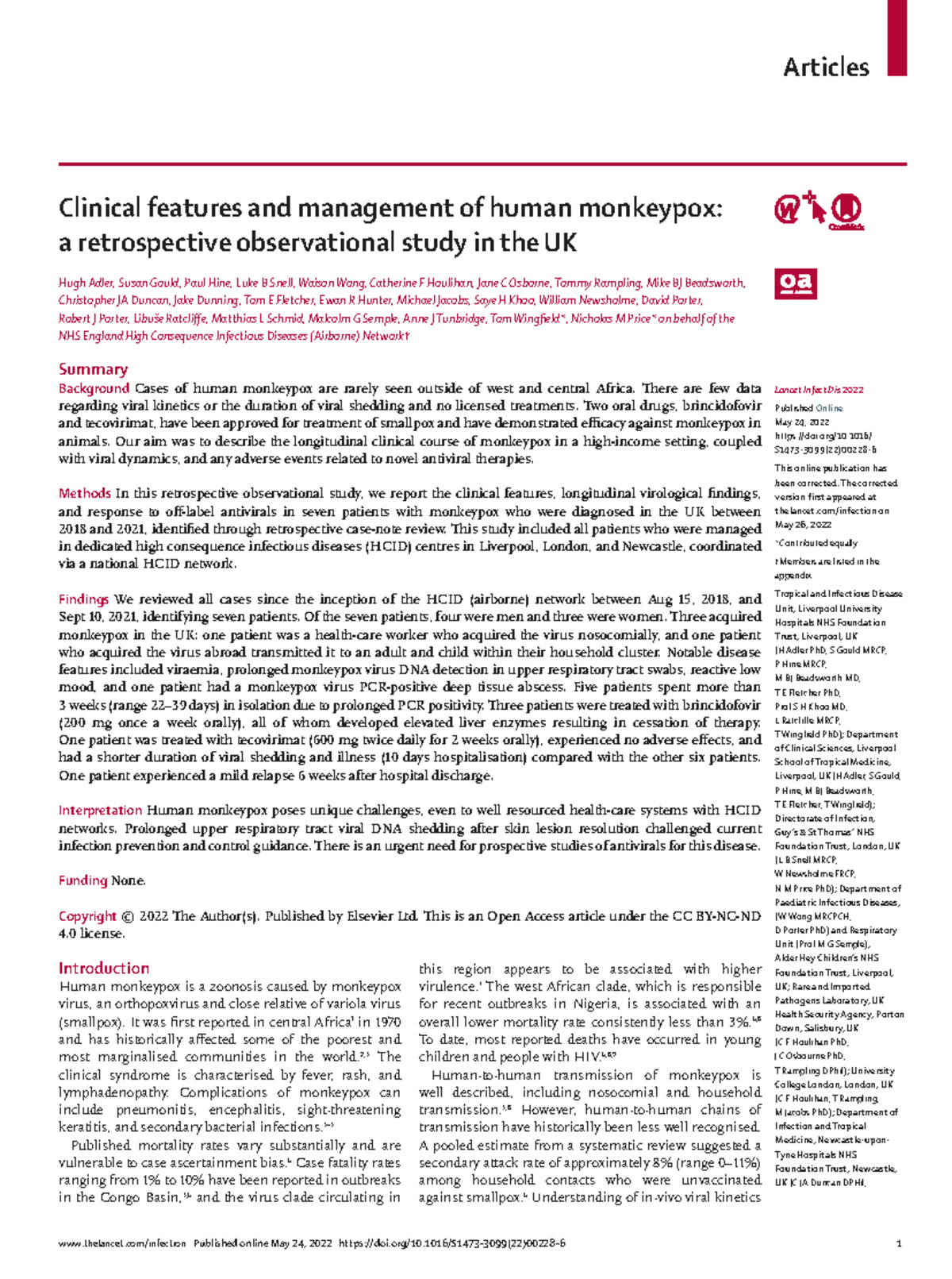 Nejm Monkeypox 2022 - Lancet Infect Dis 2022 Published Online May 24, 2022 doi/10.1016/ - Studocu