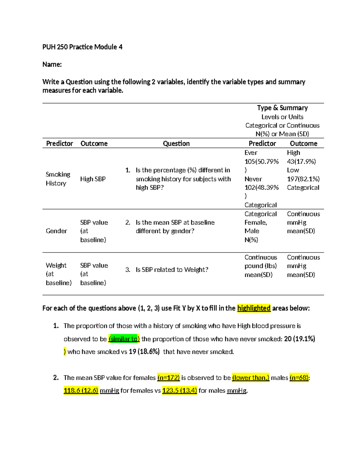 PUH 250 Practice Module 4 - PUH 250 Practice Module 4 Name: Write a ...