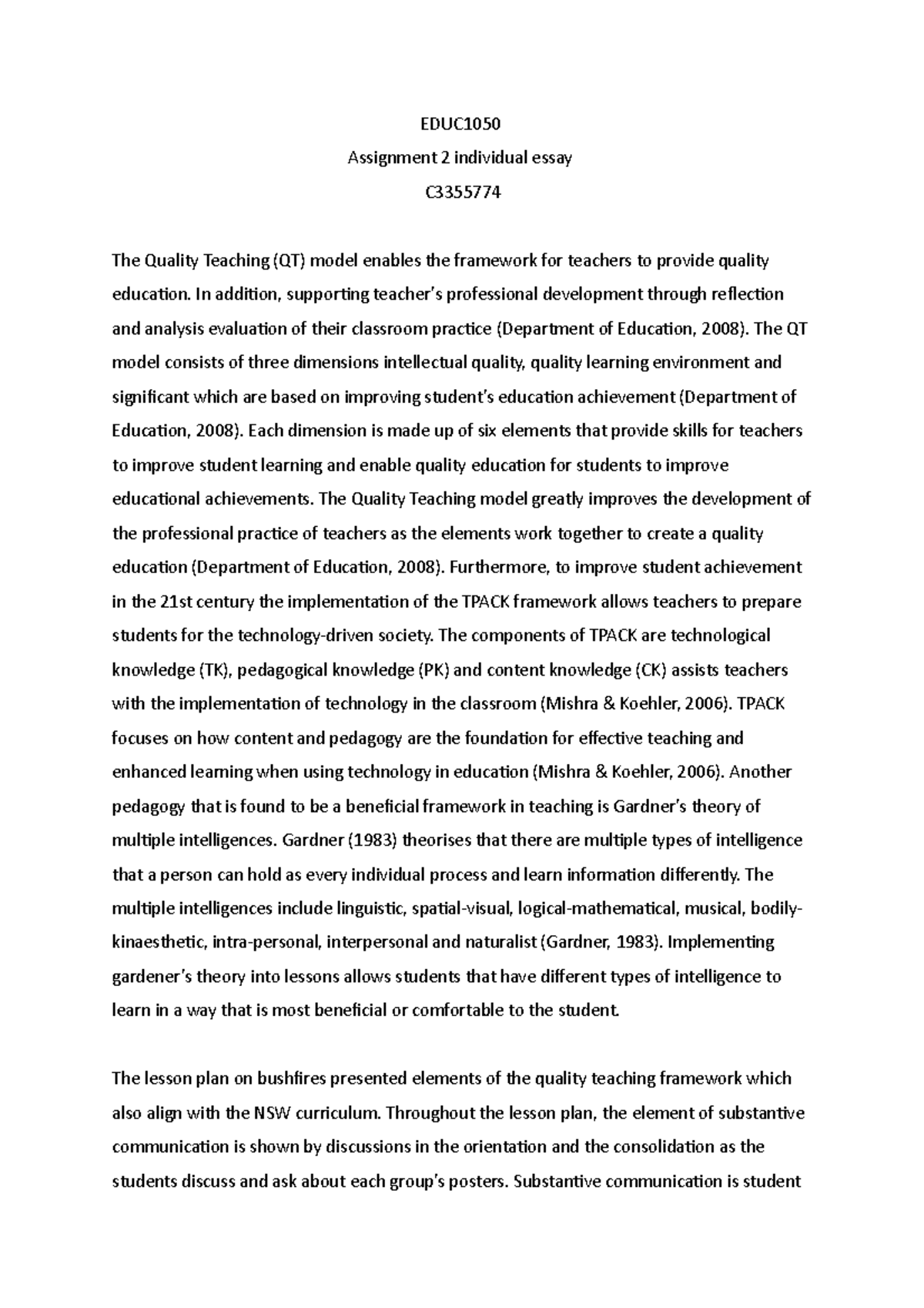 EDUC1050 assignment 2 individual essay - EDUC Assignment 2 individual ...