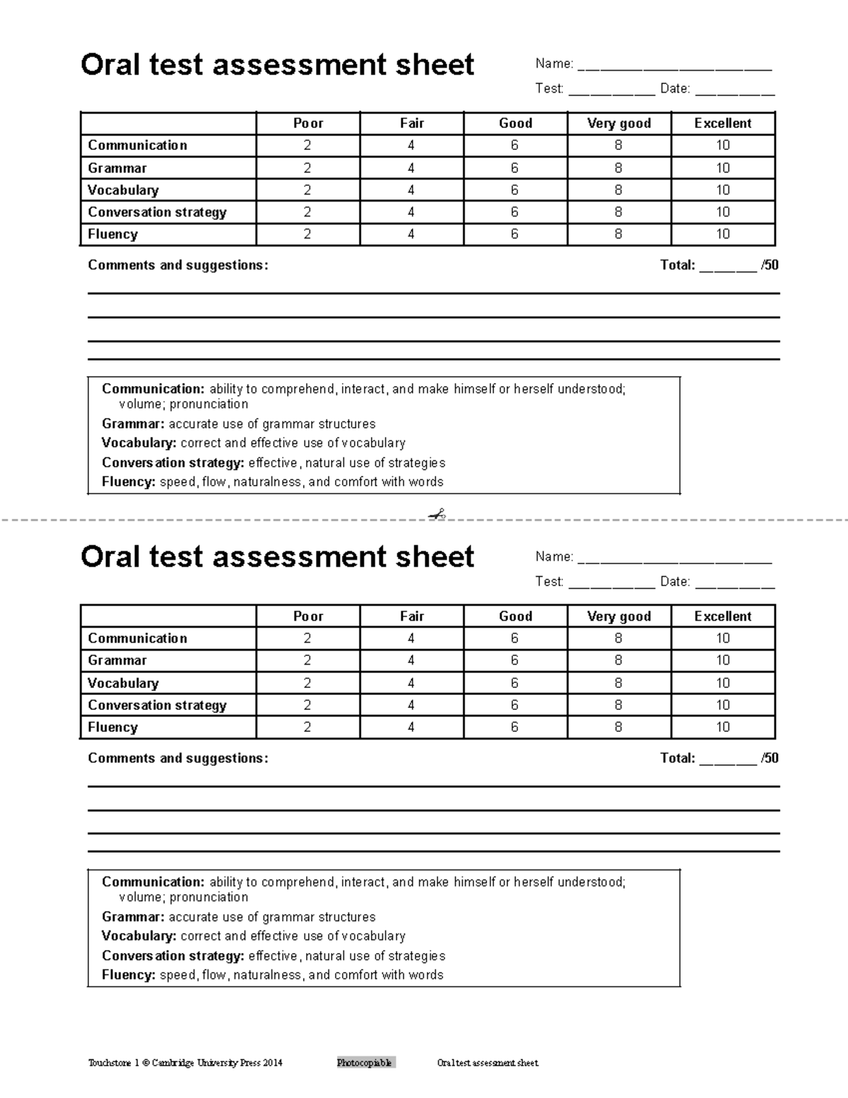 Assessment Sheet -..... - Oral test assessment sheet Name ...